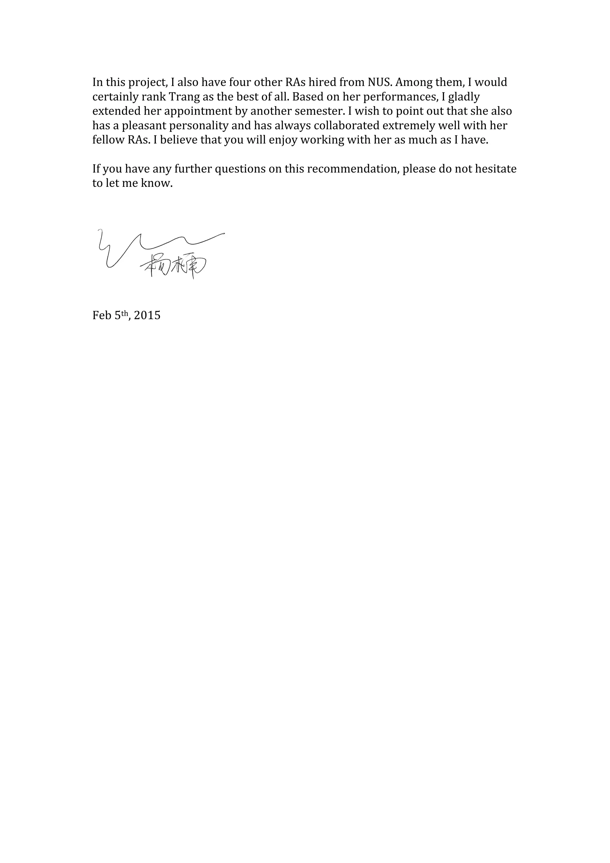 NUS Business School Research Assistant Recommendation Letter - Pham Minh Trang NUS | PDF