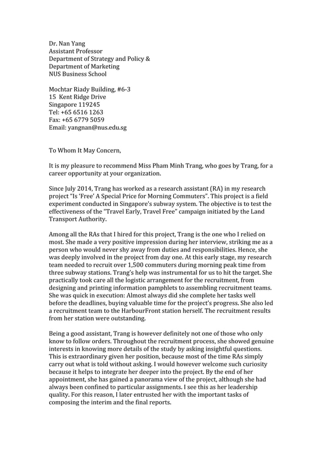 NUS Business School Research Assistant Recommendation Letter - Pham ...