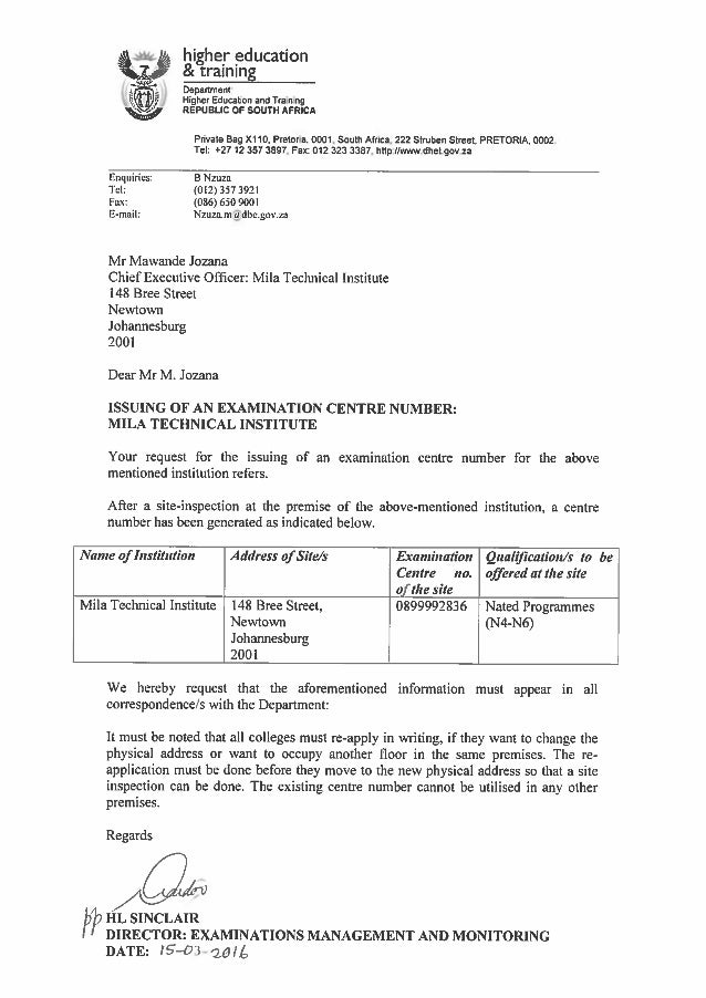 Mila - DHET EXAM CENTRE LETTER