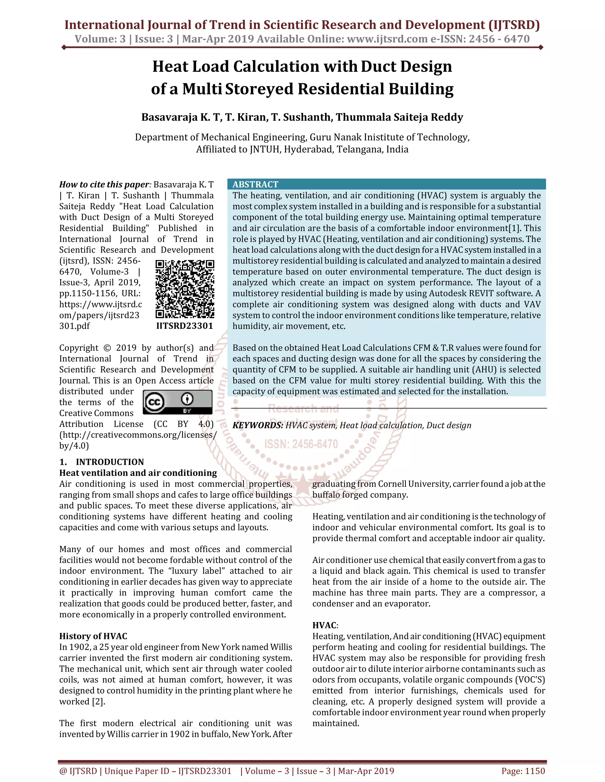 Heat Load Calculation with Duct Design of a Multi Storeyed Residential ...