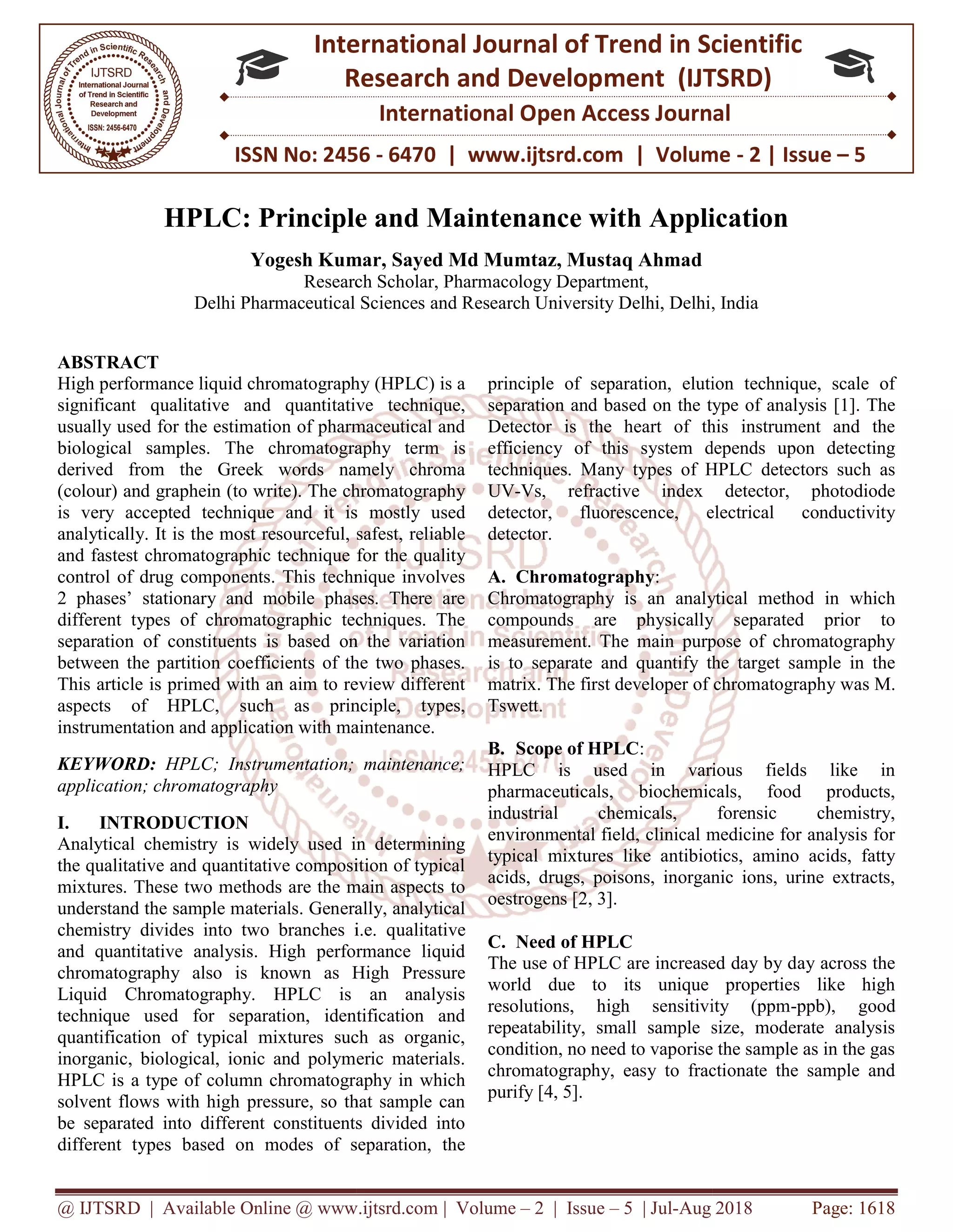 HPLC: Principle and Maintenance with Application | PDF