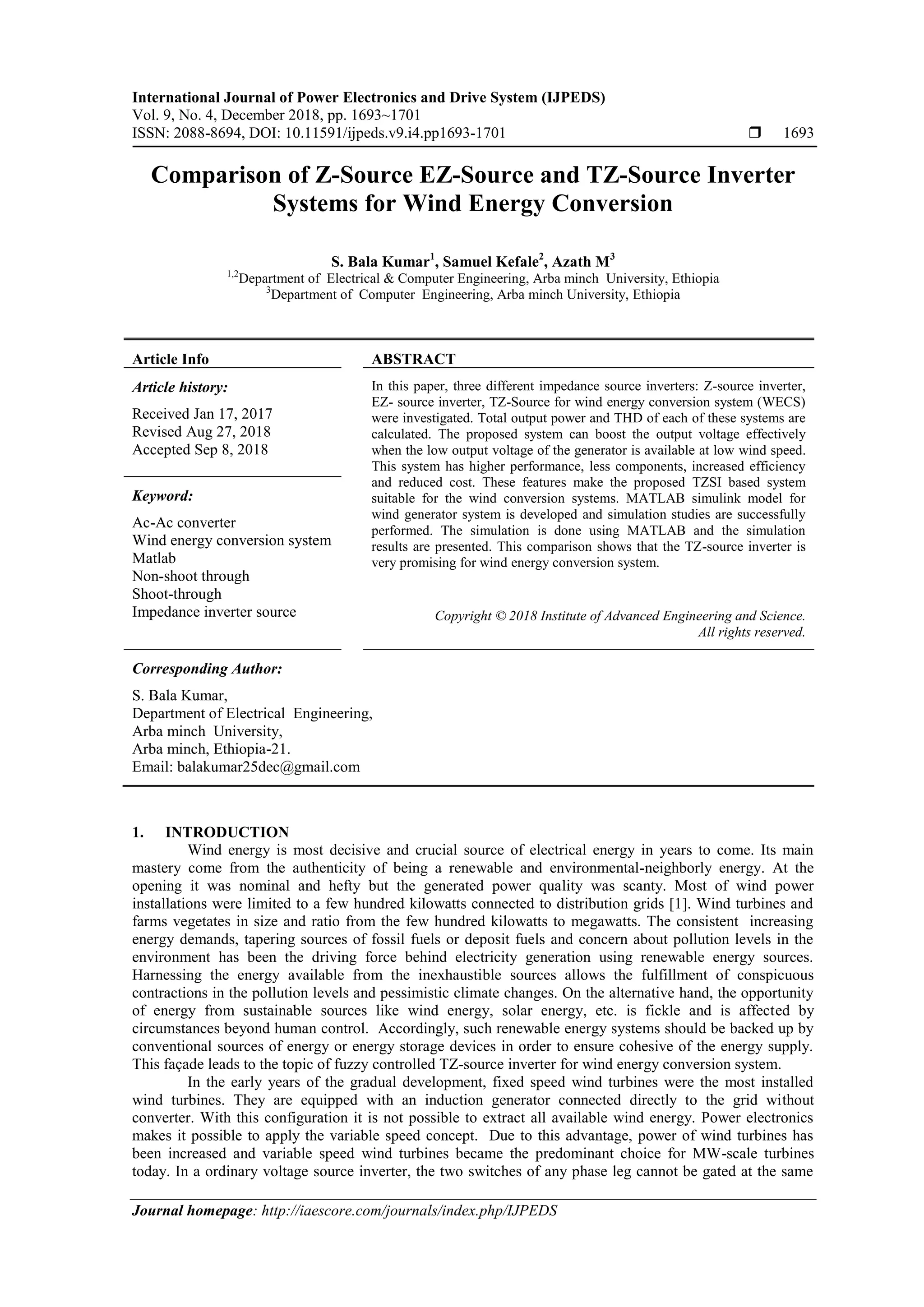 Comparison of Z-Source EZ-Source and TZ-Source Inverter Systems for Wind Energy Conversion | PDF