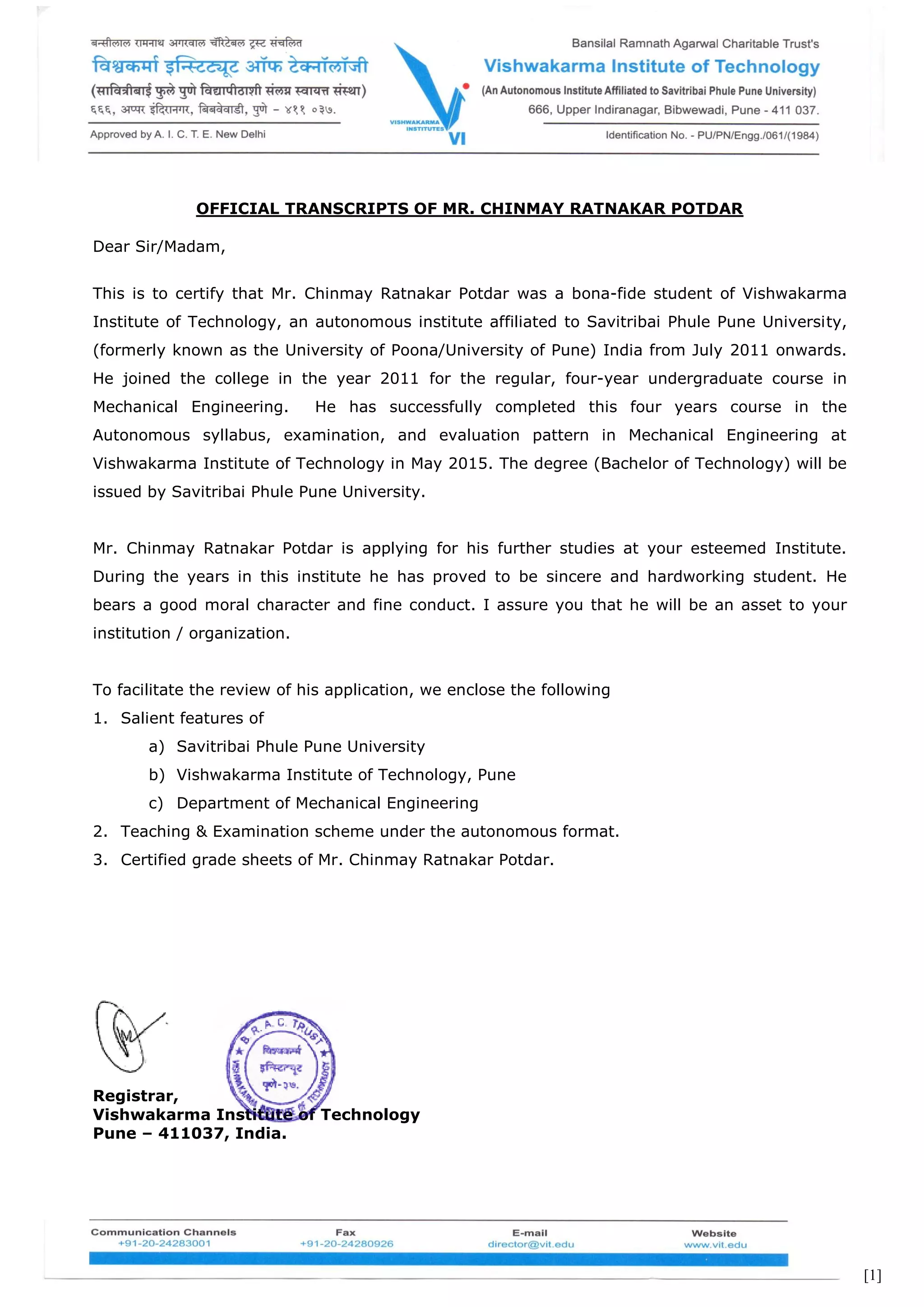 Chinmay_Potdar_Undergraduate_Transcripts | PDF