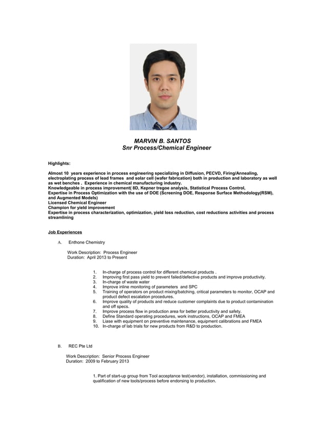 Marvin Santos Resume | DOC | Mechanical and Industrial Engineering Industry | Industries