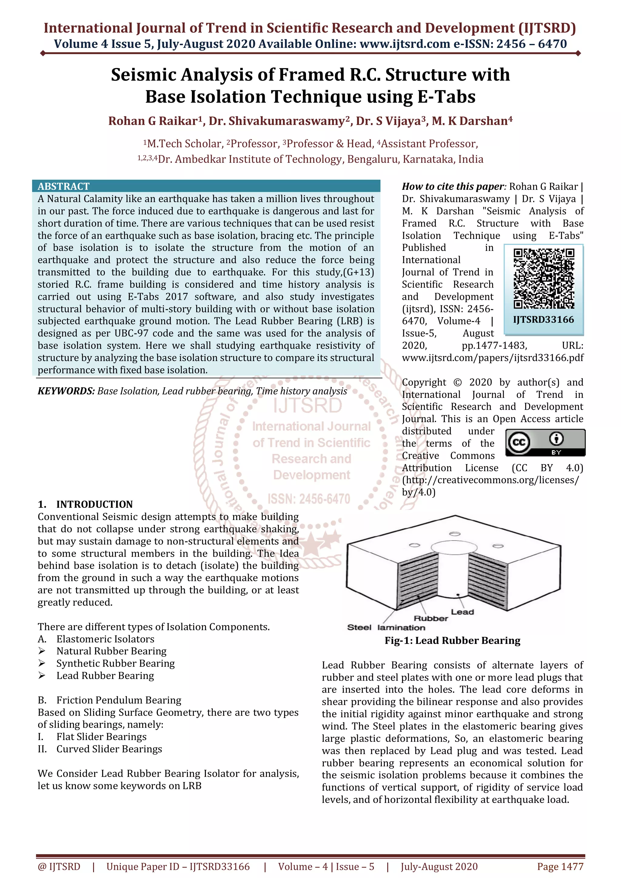 Seismic Analysis of Framed R.C. Structure with Base Isolation Technique ...