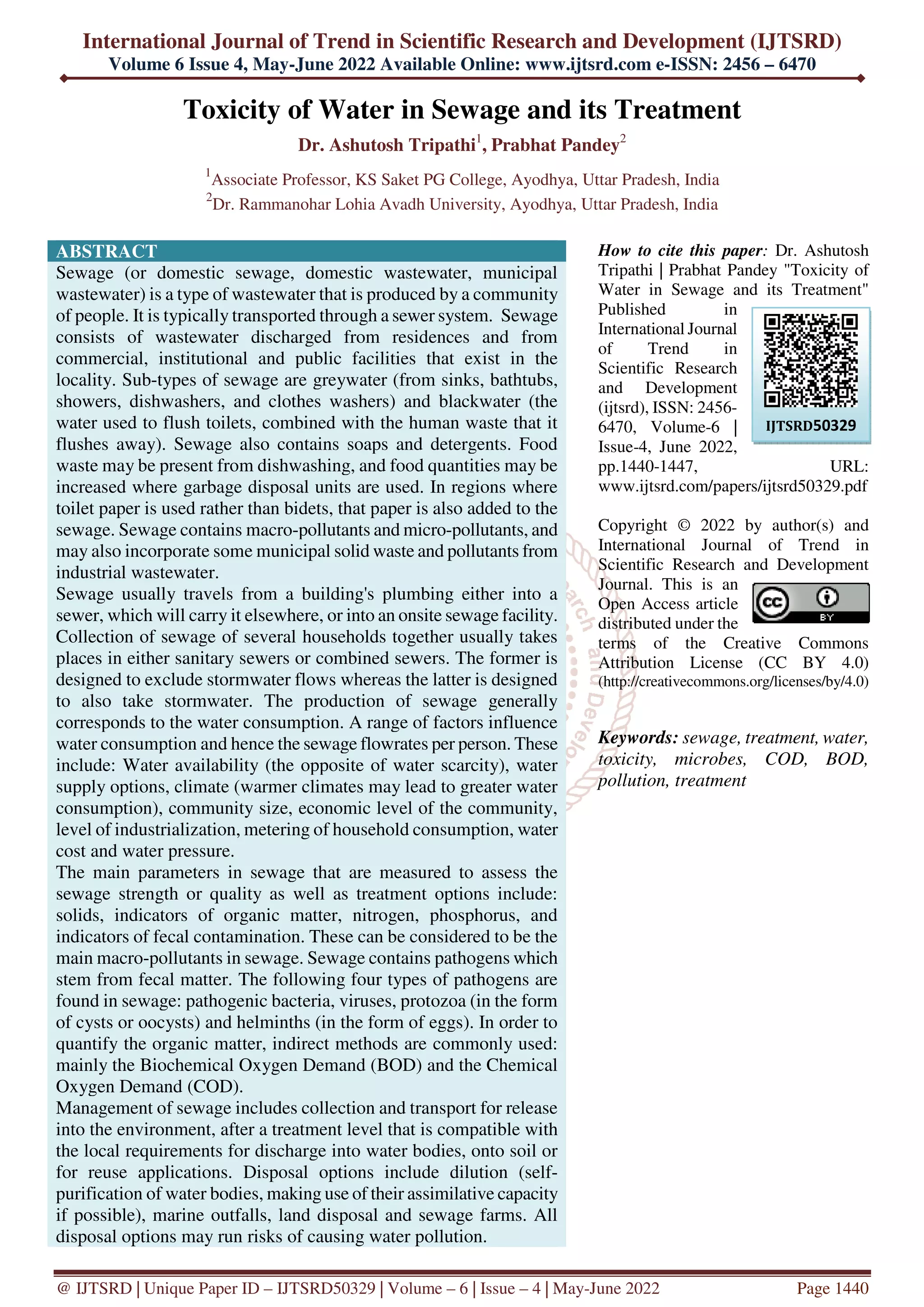 Toxicity of Water in Sewage and its Treatment | PDF