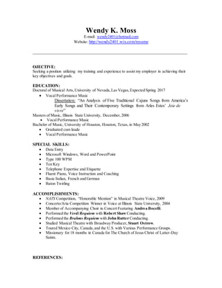Wendy Moss%27s Employment Resume 2016 | DOCX | Music | Entertainment