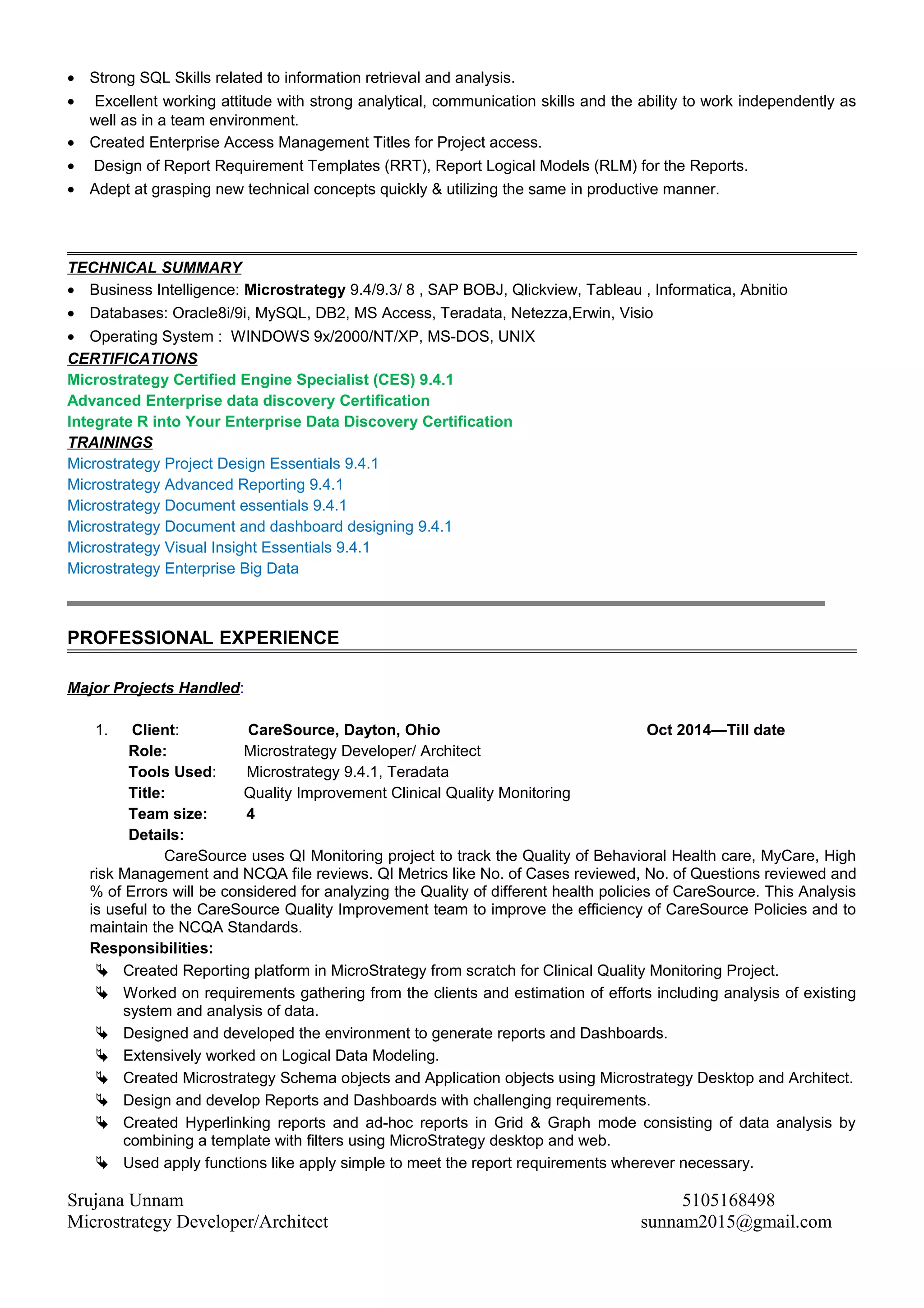 Srujana Unnam Microstrategy Profile | PDF