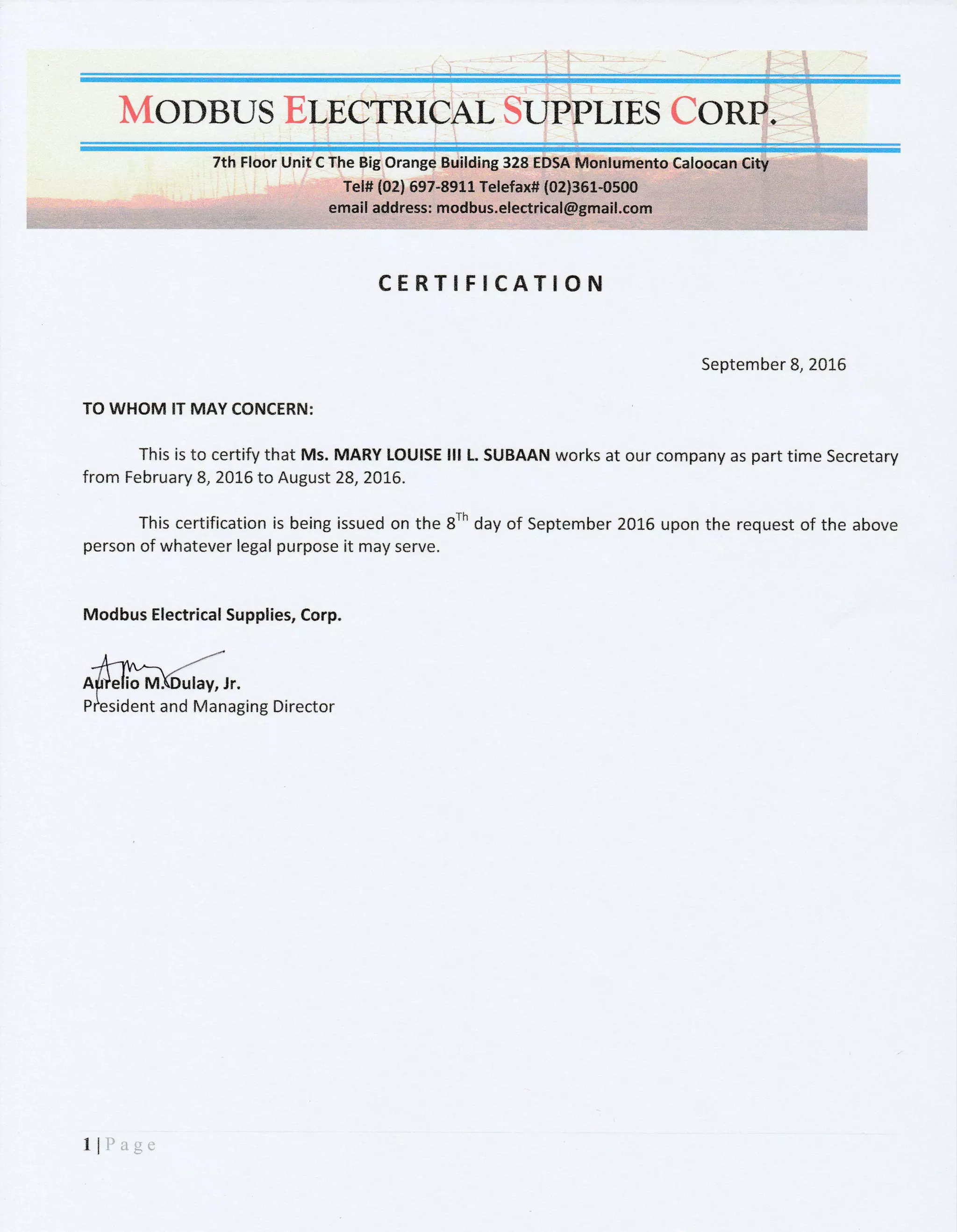 Certificate of employment Part-time Secretary | PDF