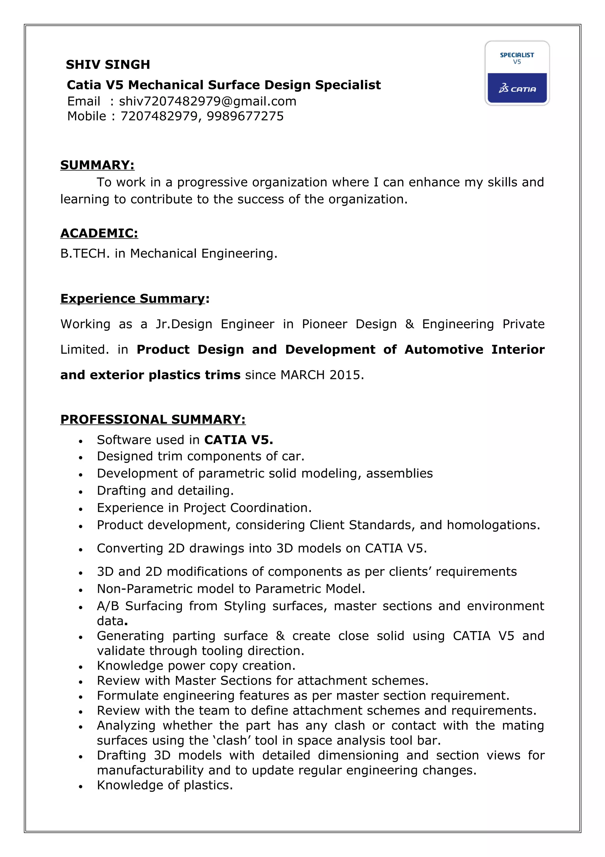 SHIV SINGH_Catia V5 Mechanical Surface Design Specialist | PDF