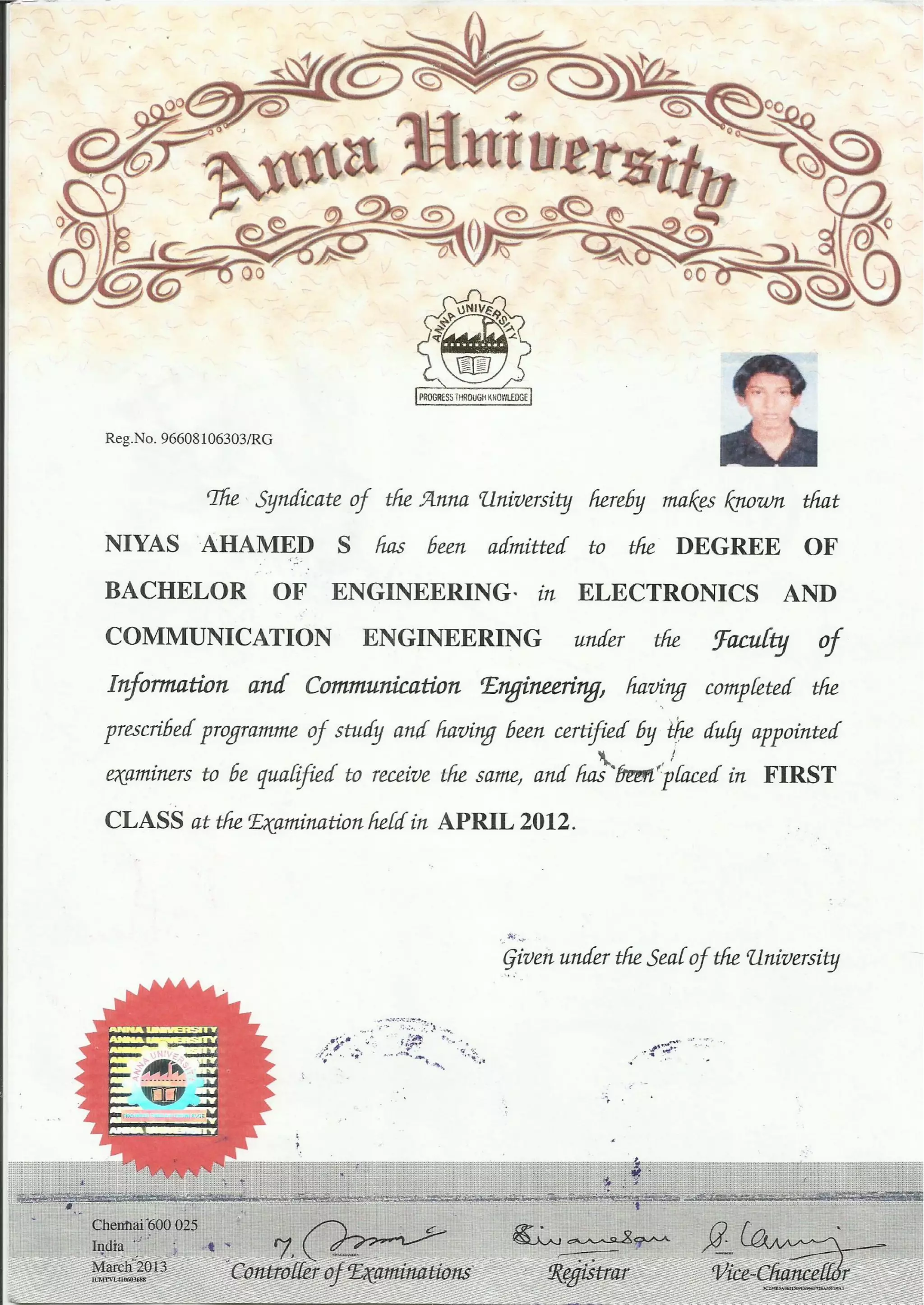 BE Degree Certificate | PDF