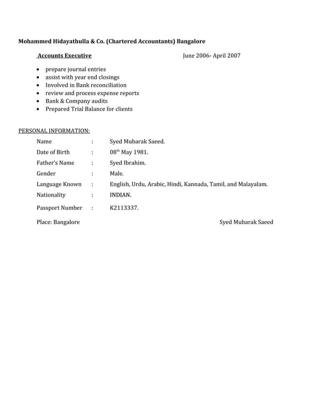 Syed_Mubarak CV | DOC | Business Accounting & Finance | Business