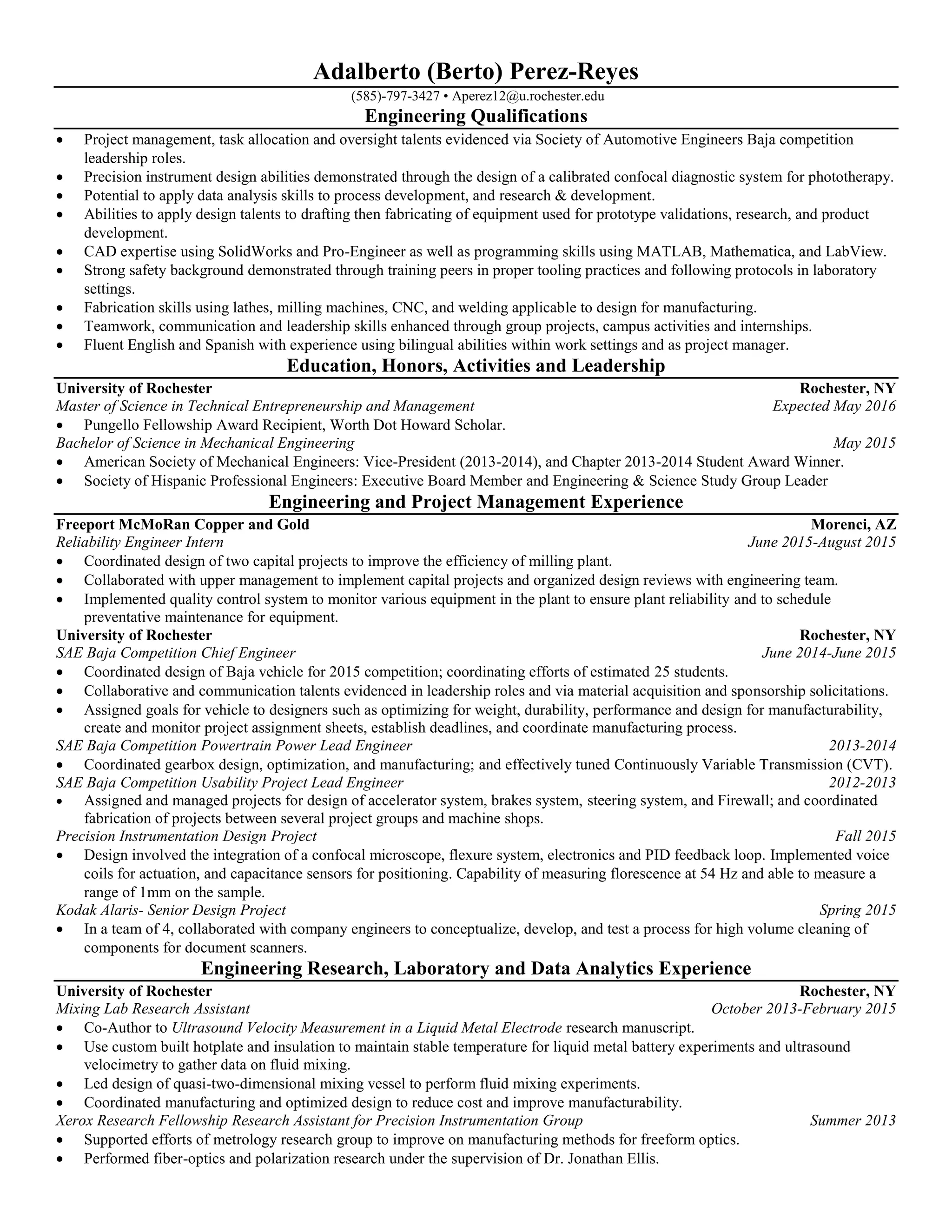 Adalberto Perez-Reyes Resume | PDF
