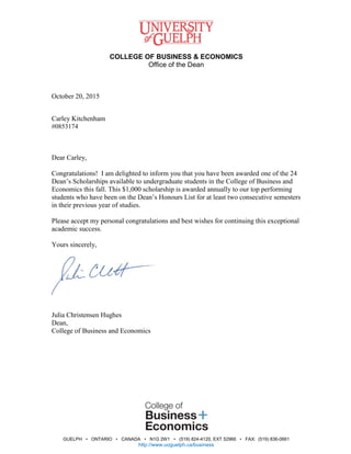 Dean's Scholarship - Fall 2015 - Carley Kitchenham | PDF