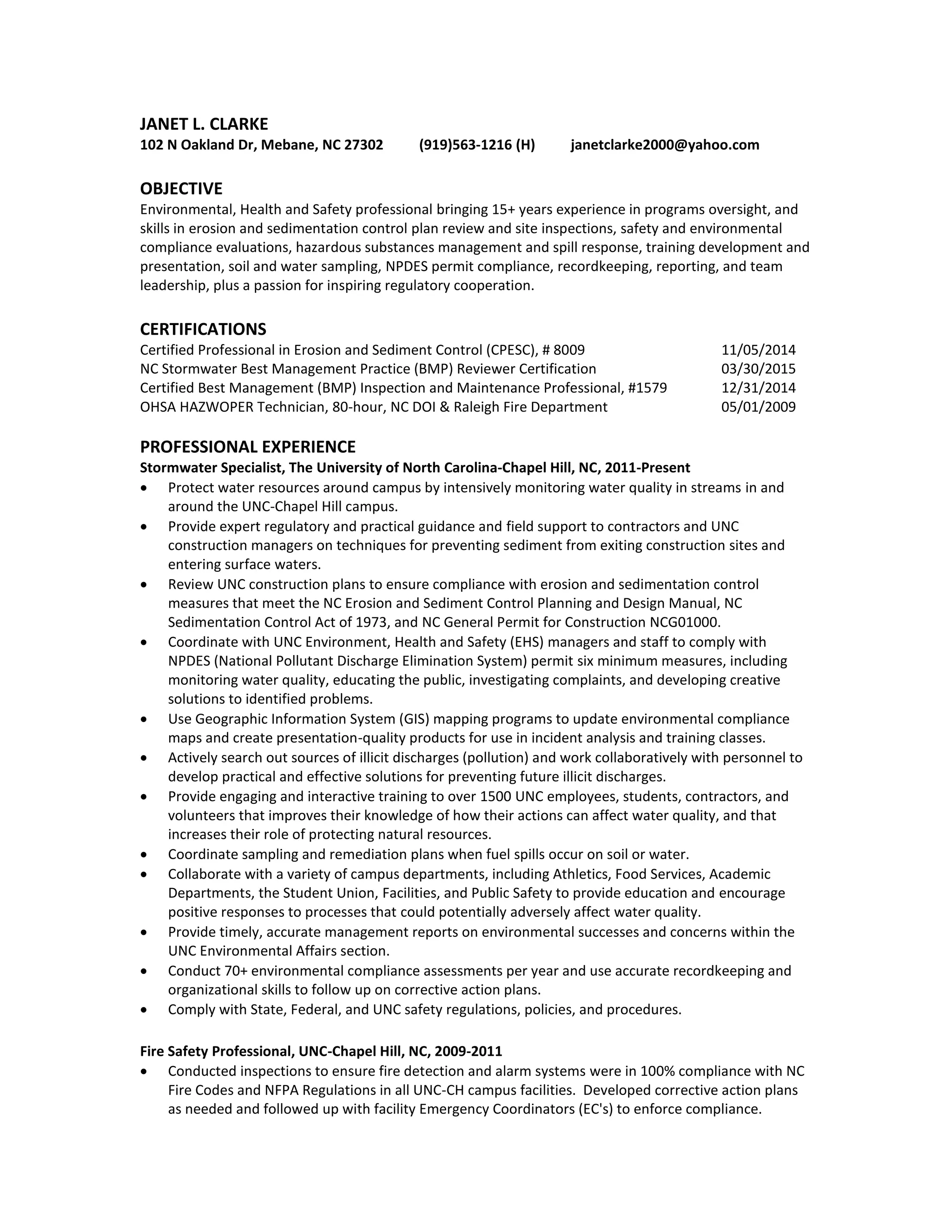 Janet L Clarke Resume EHS Professional 2015 (1) | PDF
