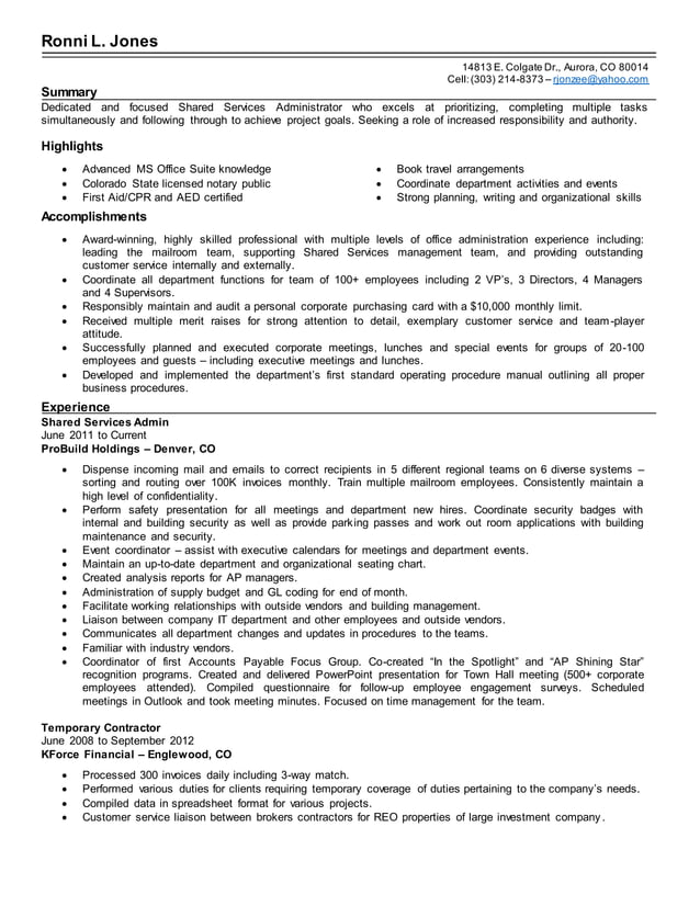 Ronni Resume_Admin Asst_101715 | DOCX | Business Administration | Business