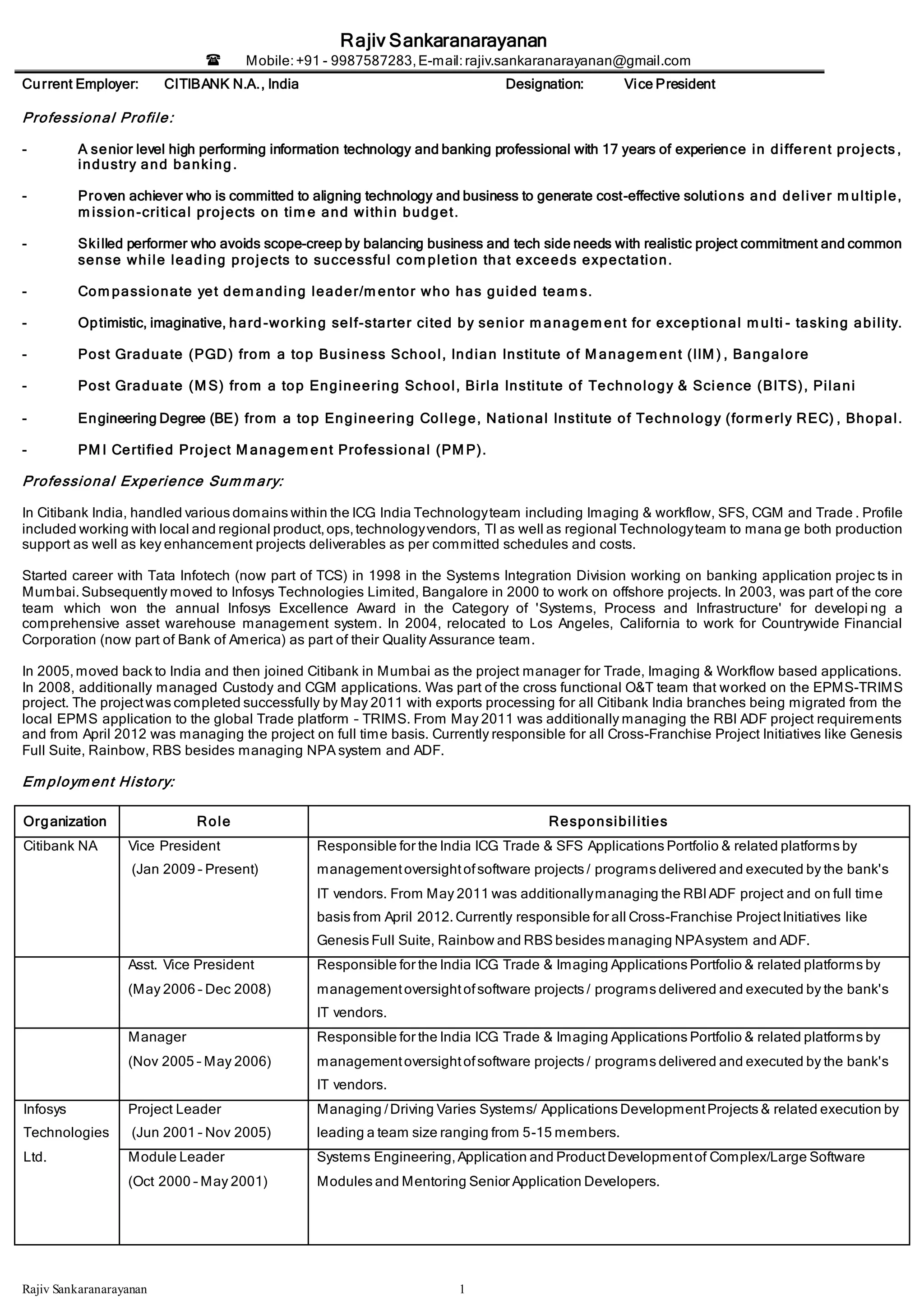 Management Profile - Rajiv Sankaranarayanan | DOCX