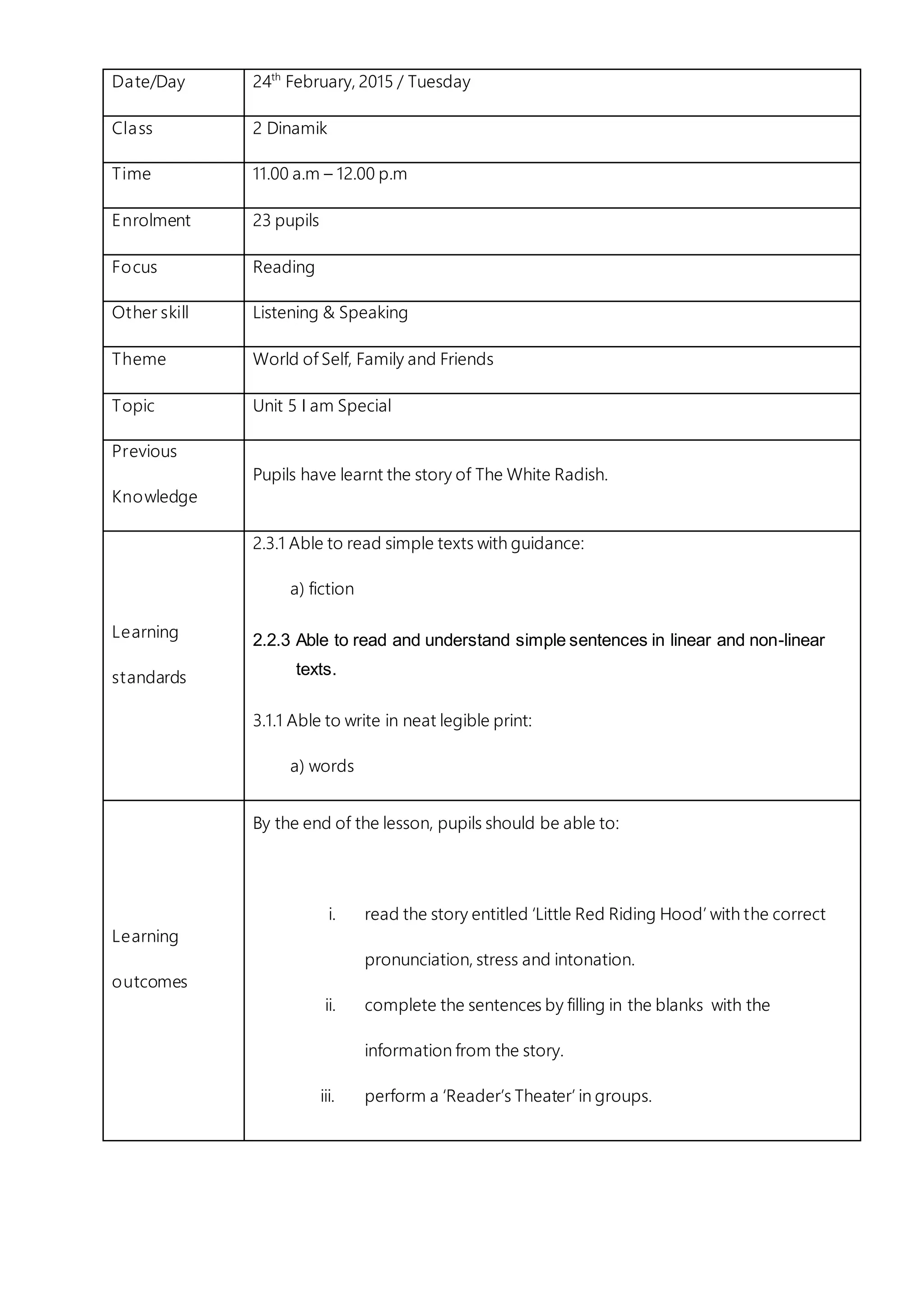 English YEAR 2 Unit 5 Reading (Little Red Riding Hood) lesson plan | DOCX