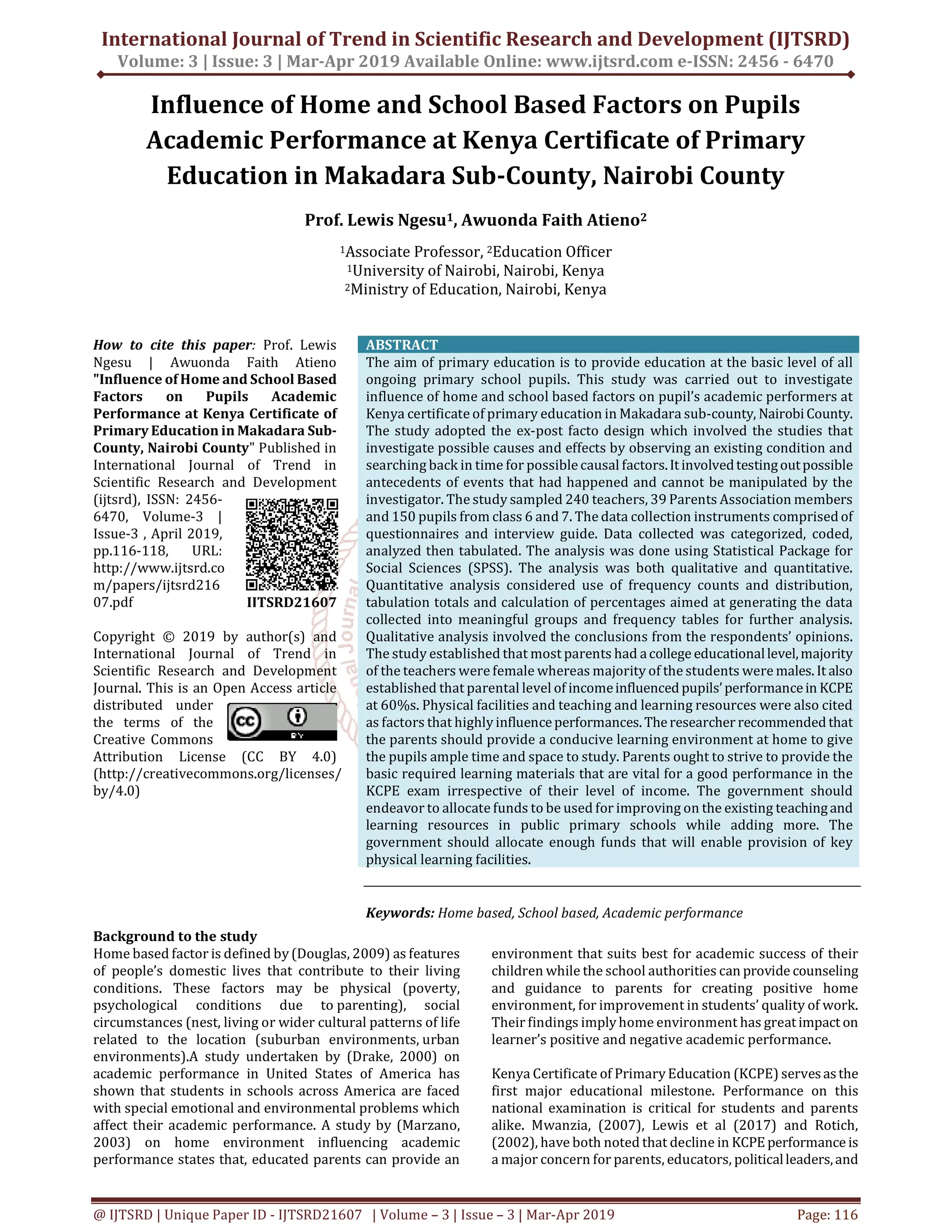 Influence of Home and School Based Factors on Pupils Academic ...