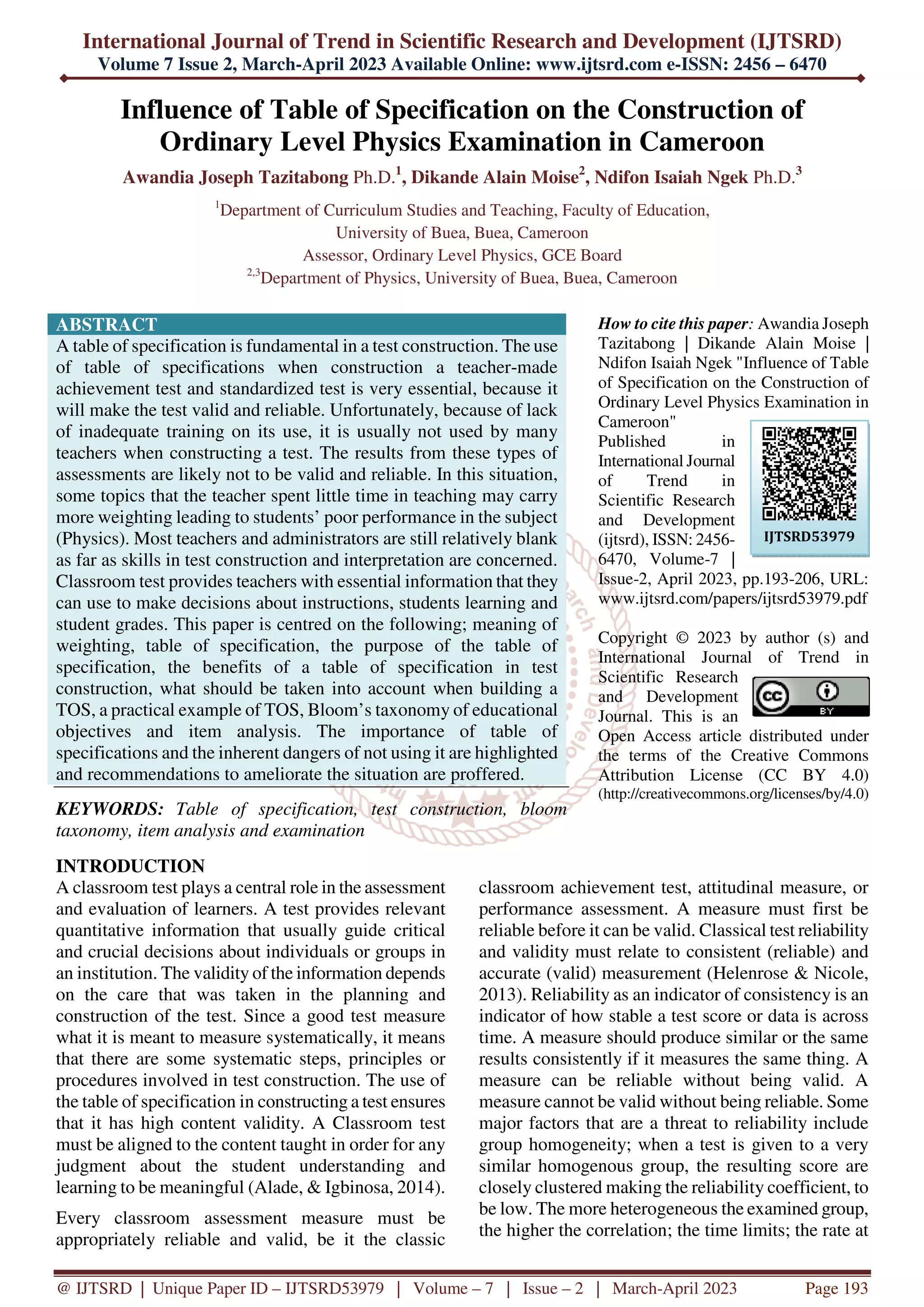 Influence of Table of Specification on the Construction of Ordinary Level Physics Examination in ...