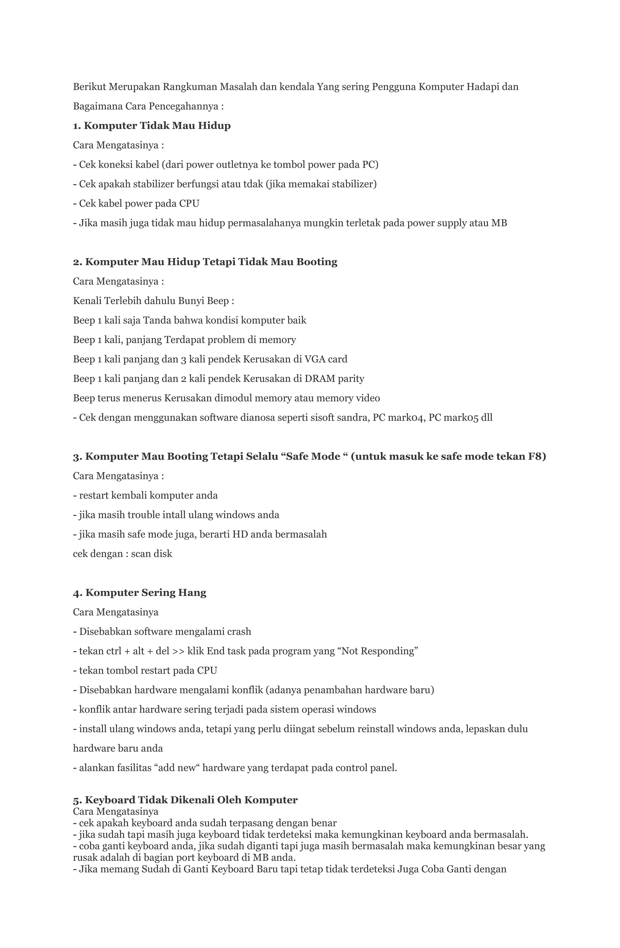 24 penyebab kerusakan komputer dan cara mengatasinya | DOCX