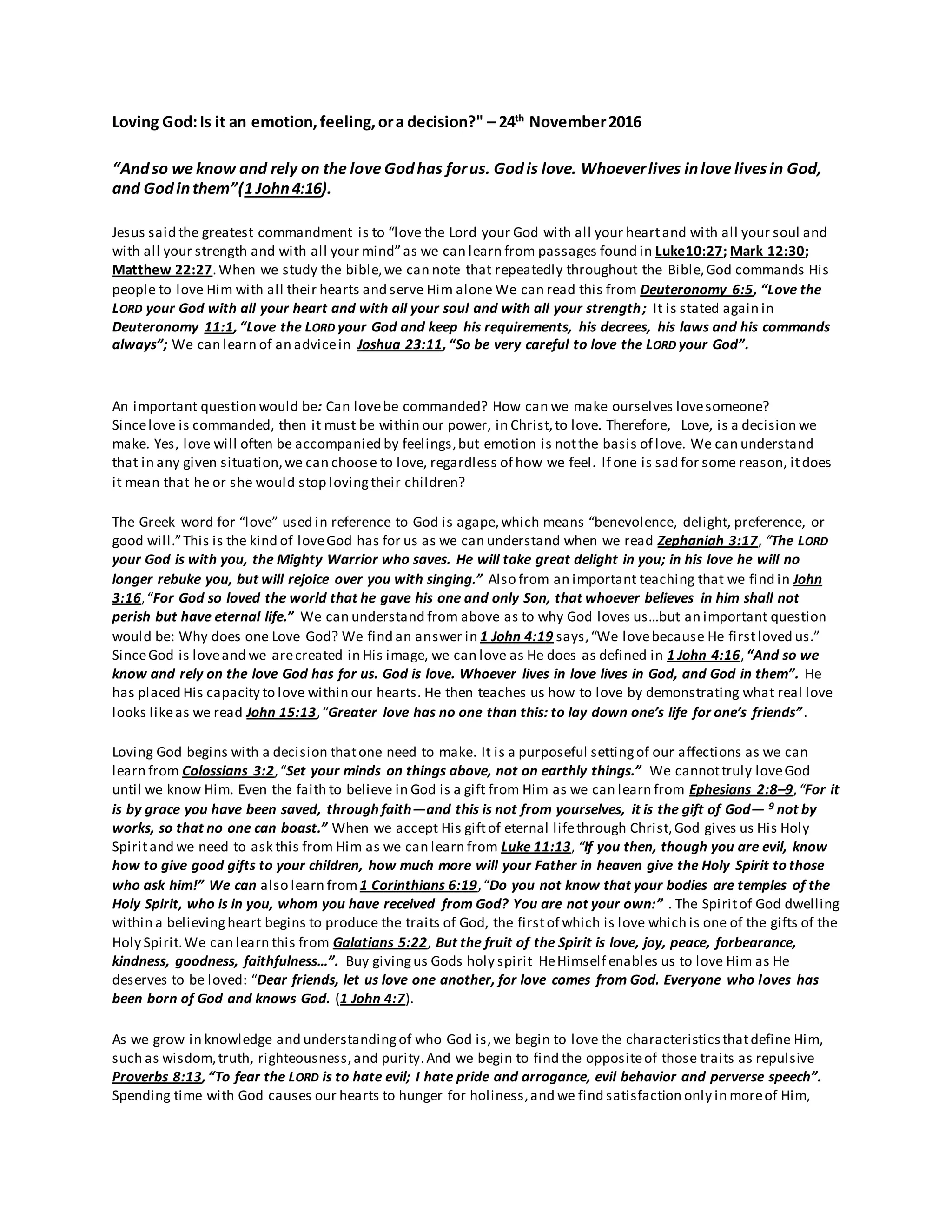 24th November 2016 - Loving God - Is it an emotion, feeling, or a ...