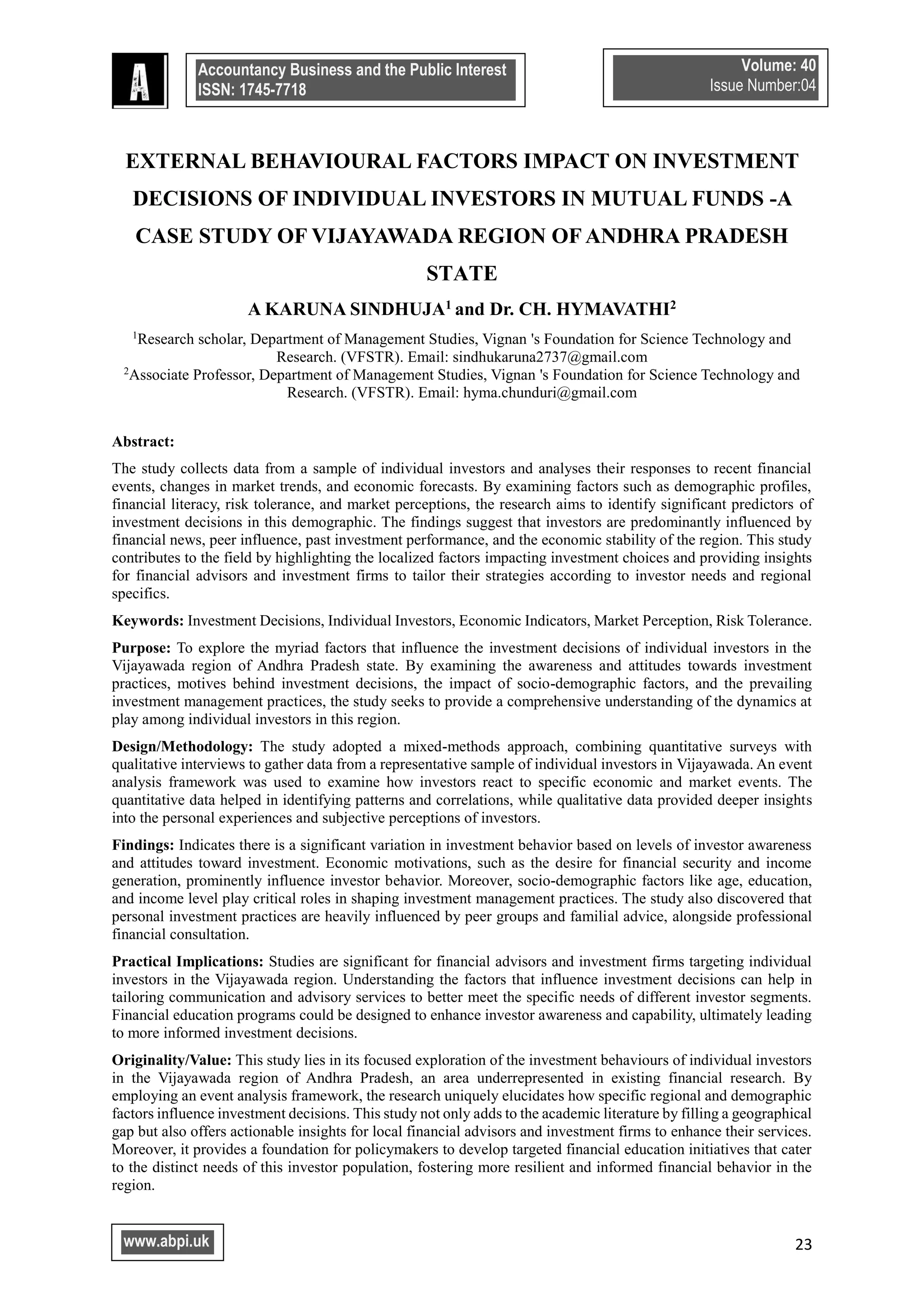 EXTERNAL BEHAVIOURAL FACTORS IMPACT ON INVESTMENT DECISIONS OF ...