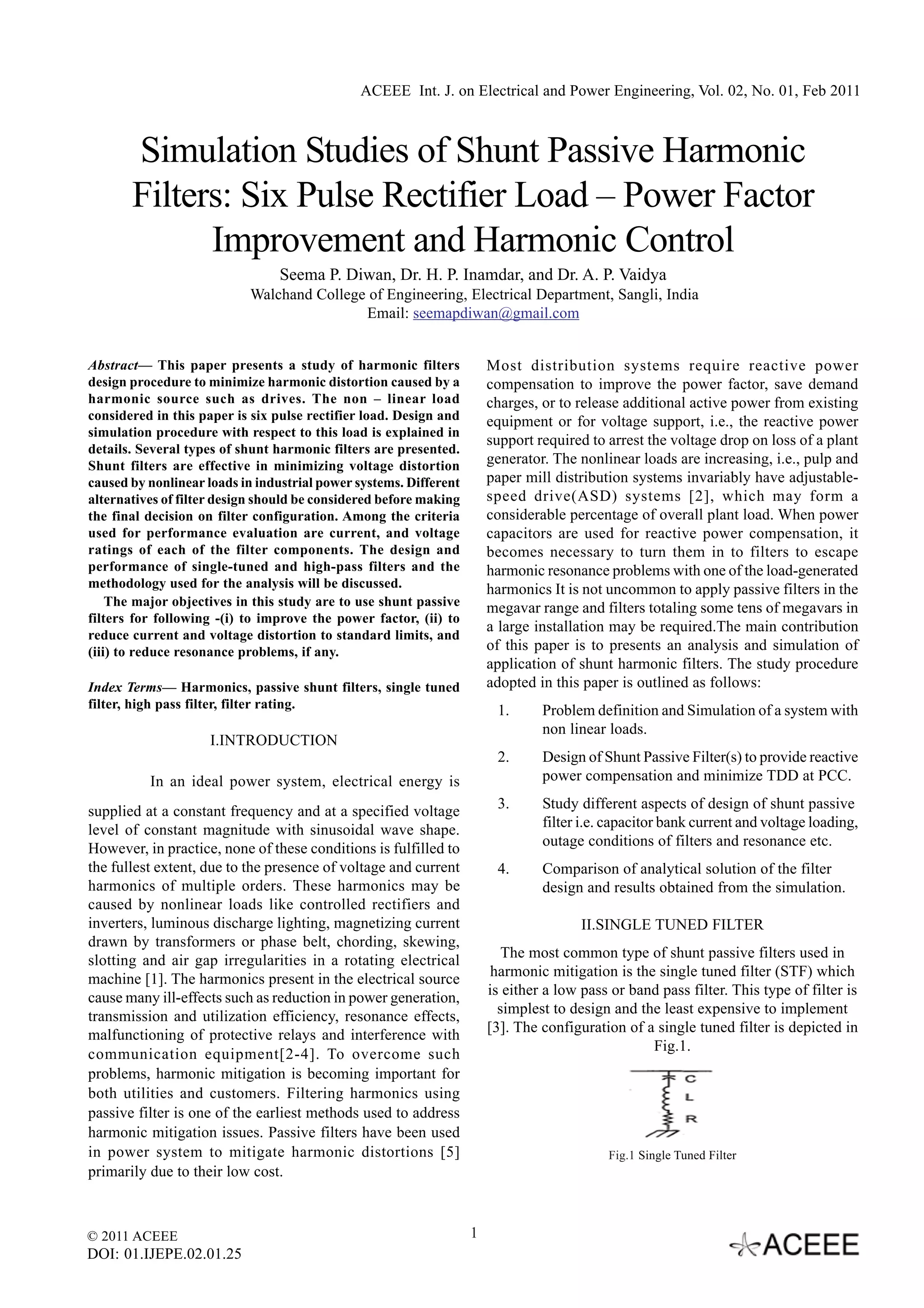 Simulation Studies of Shunt Passive Harmonic Filters: Six Pulse Rectifier Load – Power Factor ...