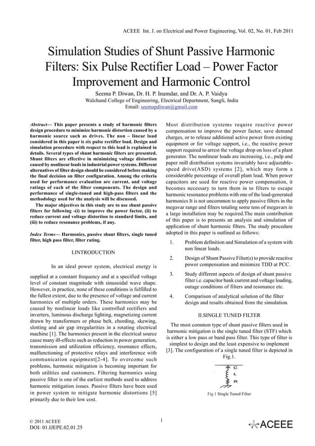 Simulation Studies of Shunt Passive Harmonic Filters: Six Pulse Rectifier Load – Power Factor ...