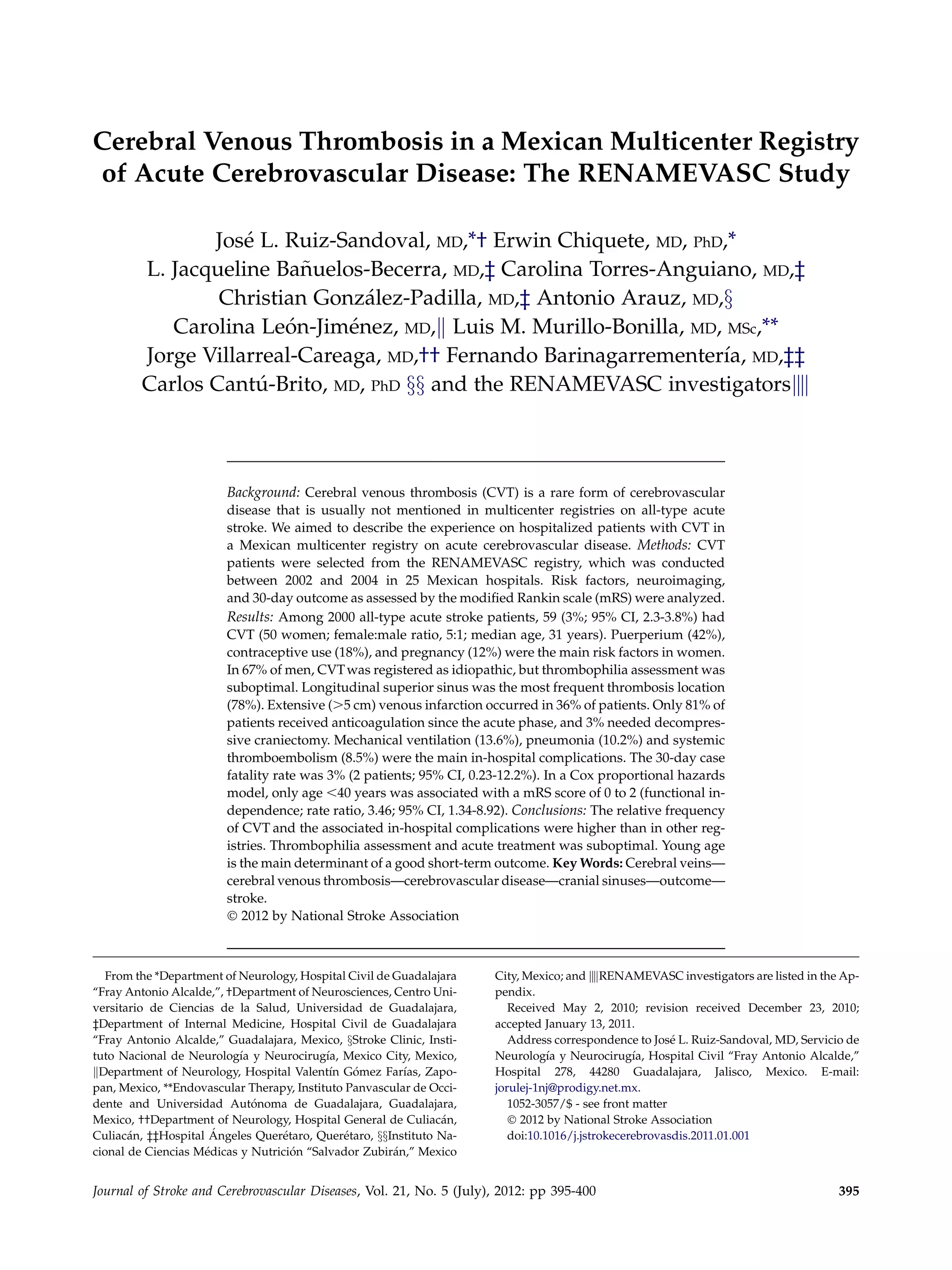 Cerebral Venous Thrombosis in a Mexican Multicenter Registry of Acute Cerebrovascular Disease ...
