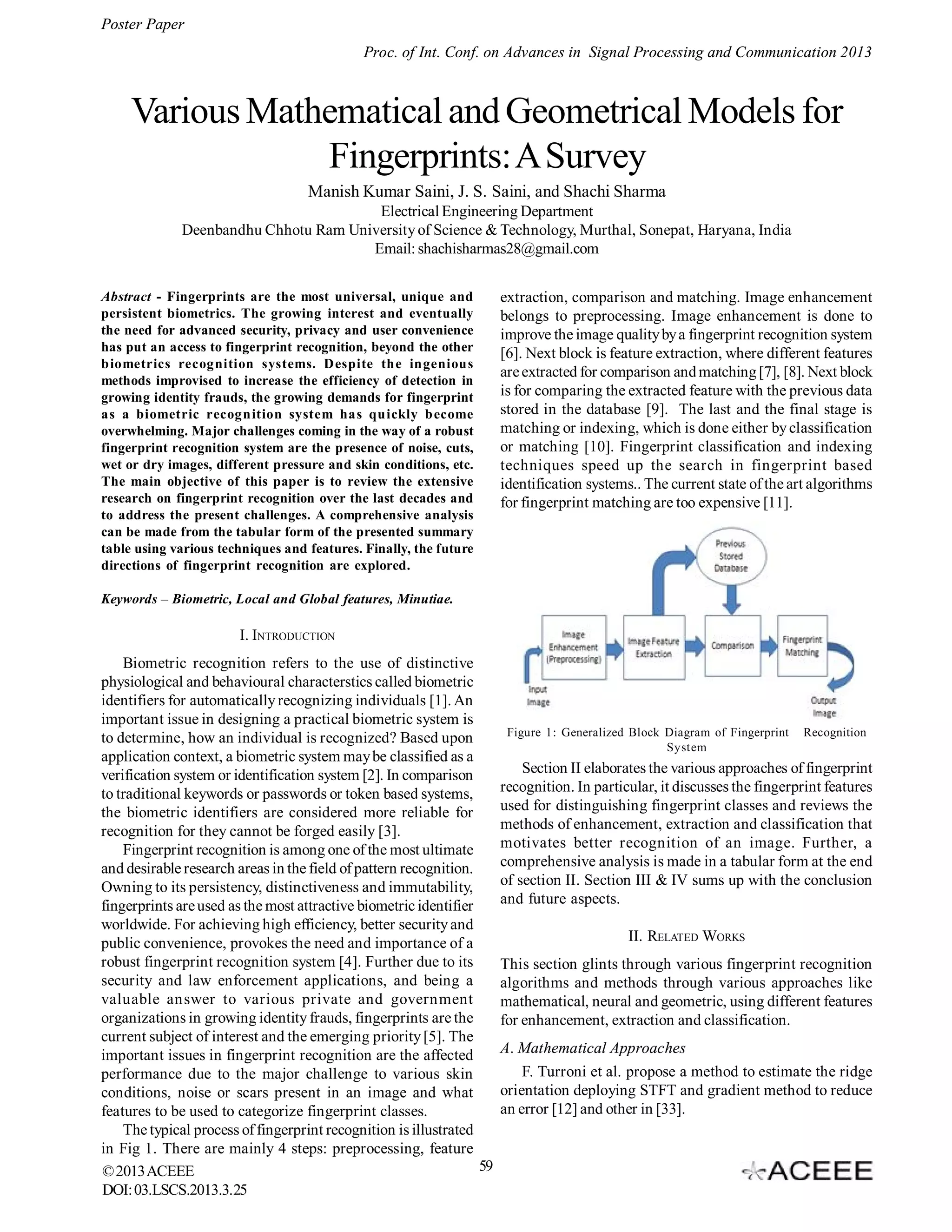 Various Mathematical and Geometrical Models for Fingerprints: A Survey ...