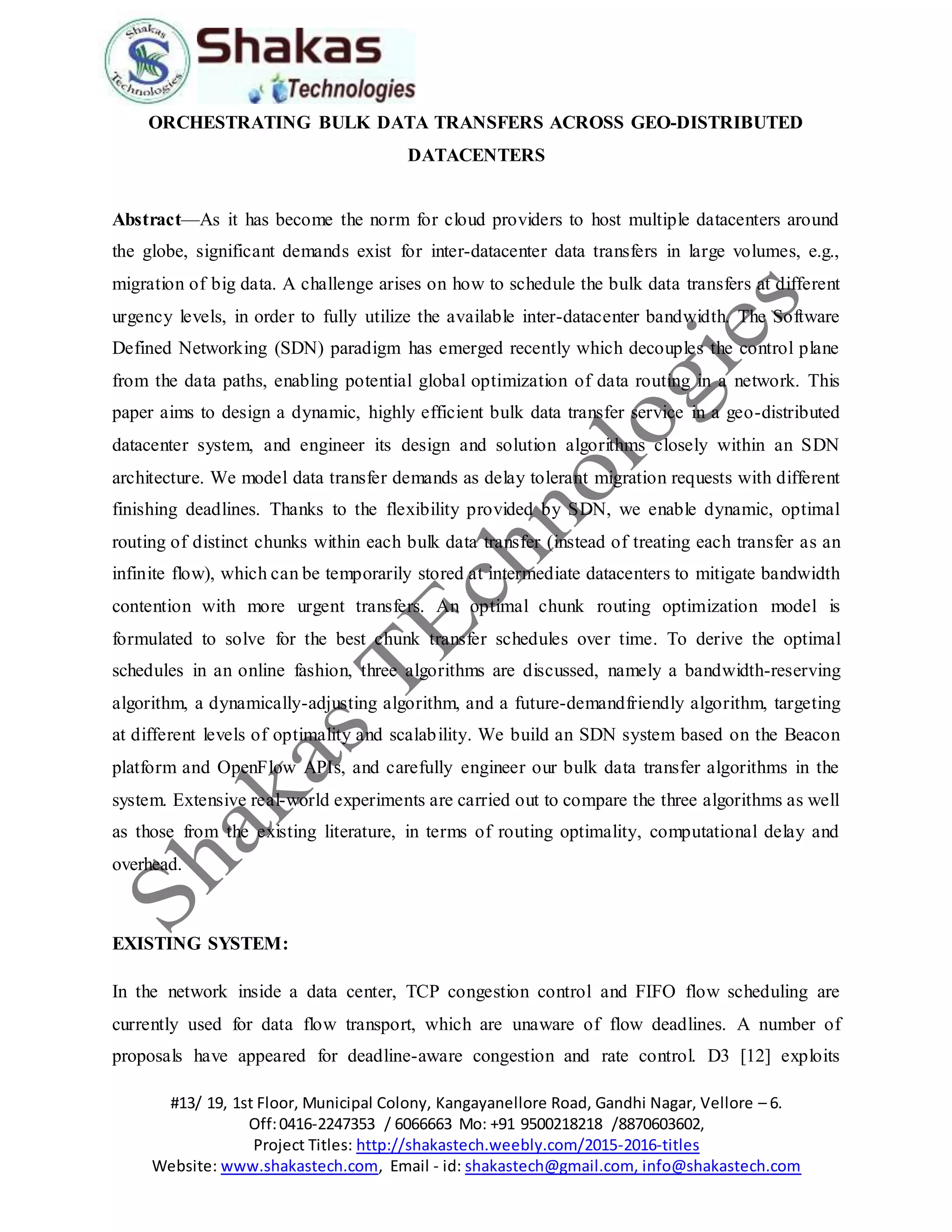 ORCHESTRATING BULK DATA TRANSFERS ACROSS GEO-DISTRIBUTED DATACENTERS | PDF