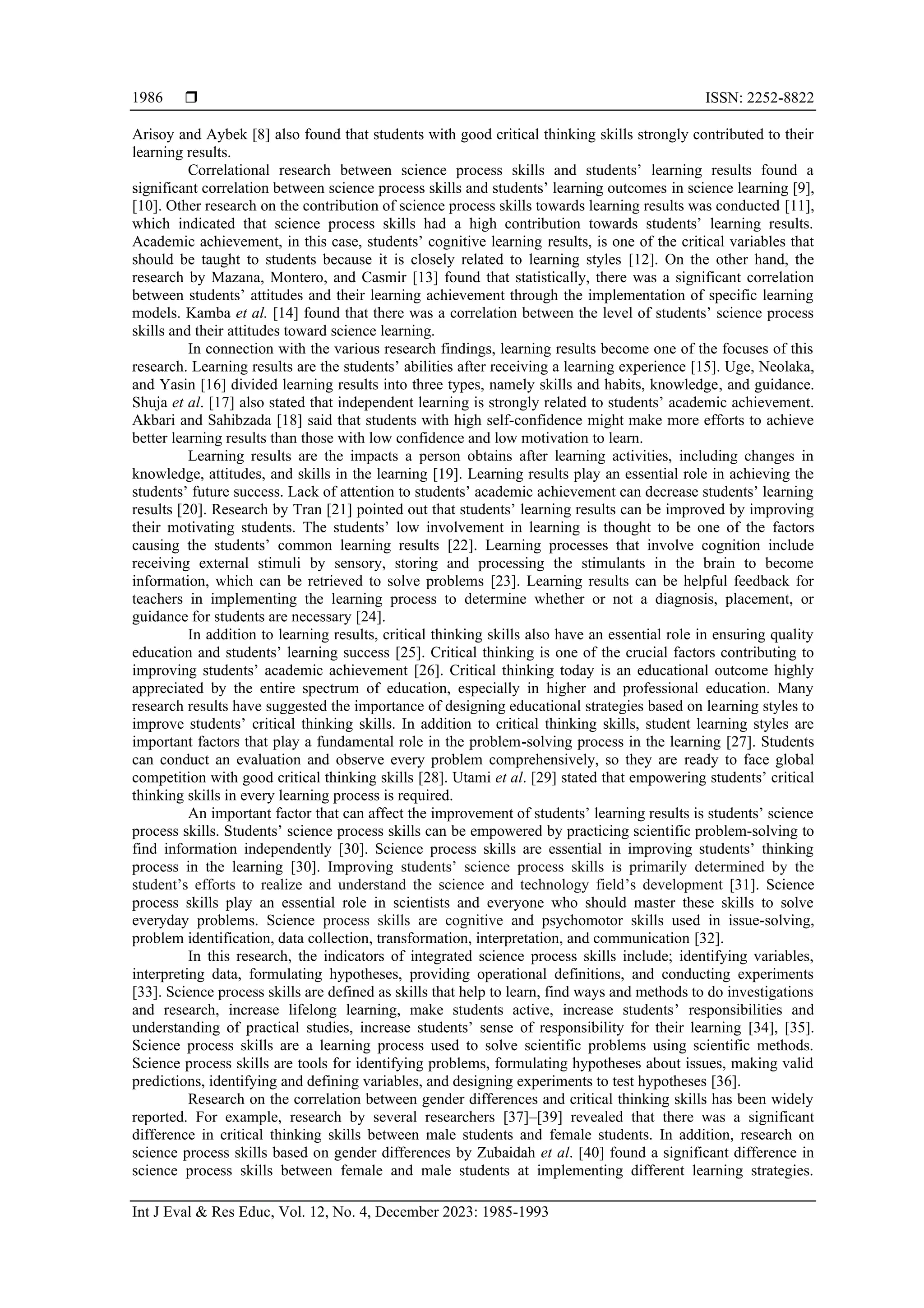 Contribution of critical thinking, science process skills towards learning outcomes based on ...