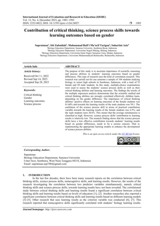 Contribution of critical thinking, science process skills towards learning outcomes based on ...