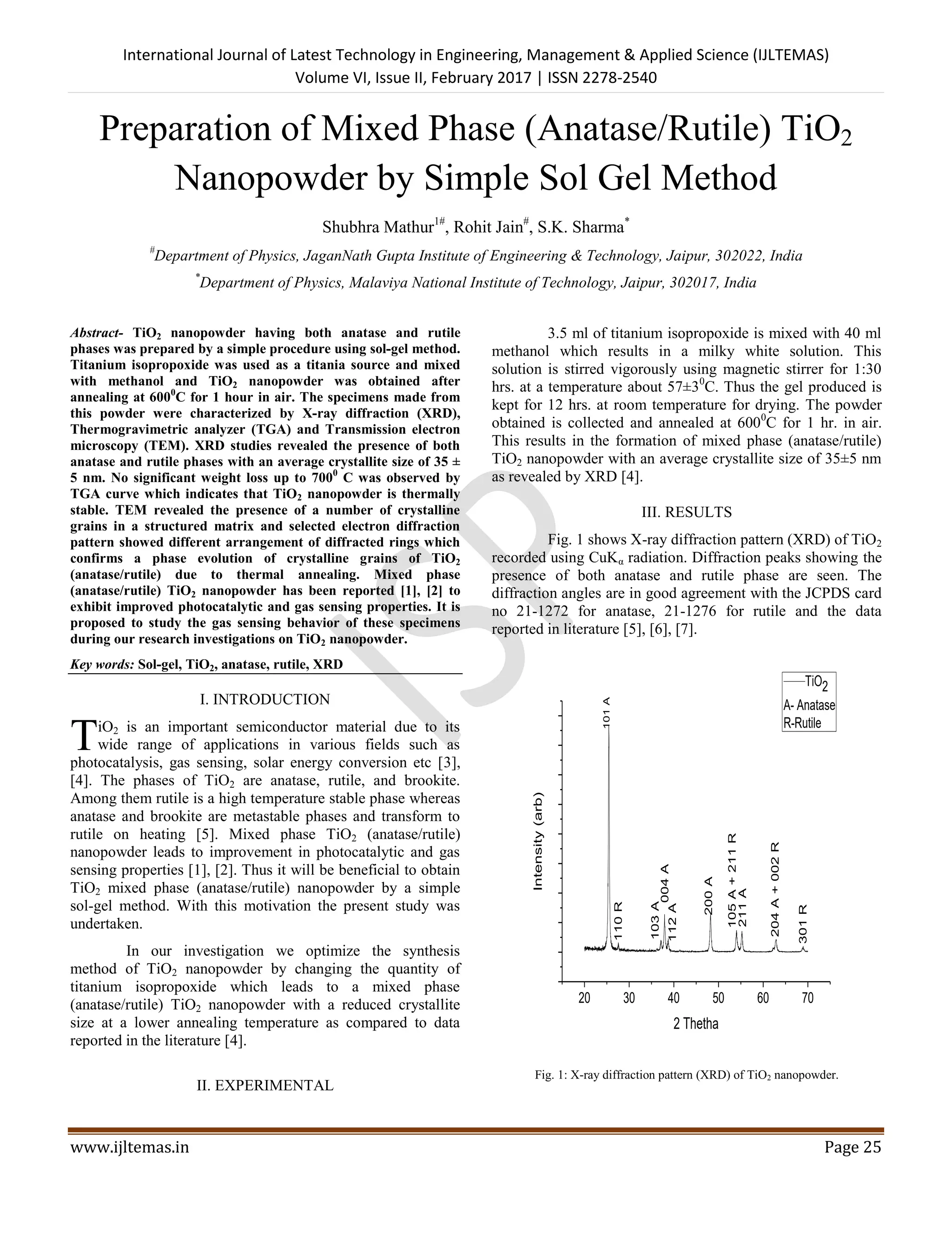 Preparation of Mixed Phase (Anatase/Rutile) TiO2 Nanopowder by Simple Sol Gel Method | PDF
