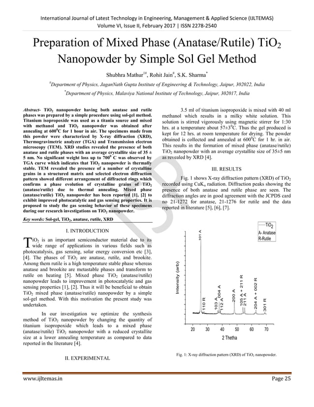 Preparation of Mixed Phase (Anatase/Rutile) TiO2 Nanopowder by Simple Sol Gel Method | PDF