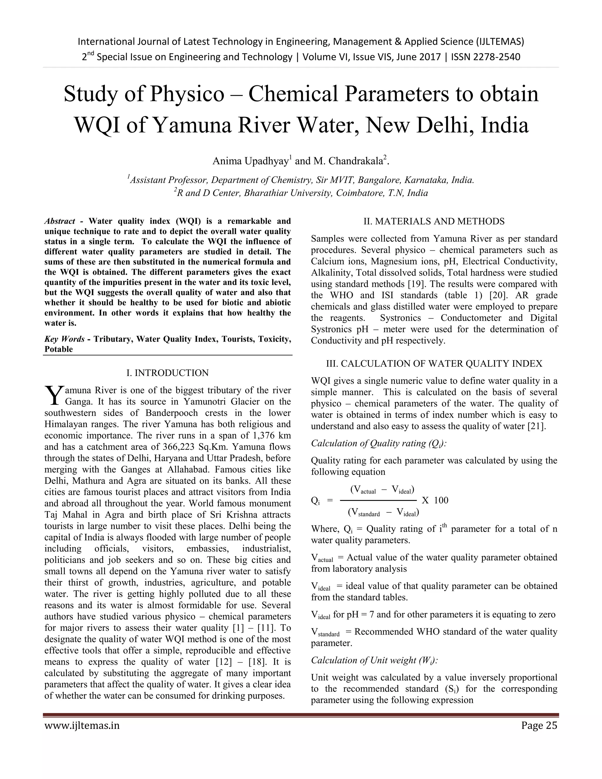 Study of Physico – Chemical Parameters to obtain WQI of Yamuna River ...
