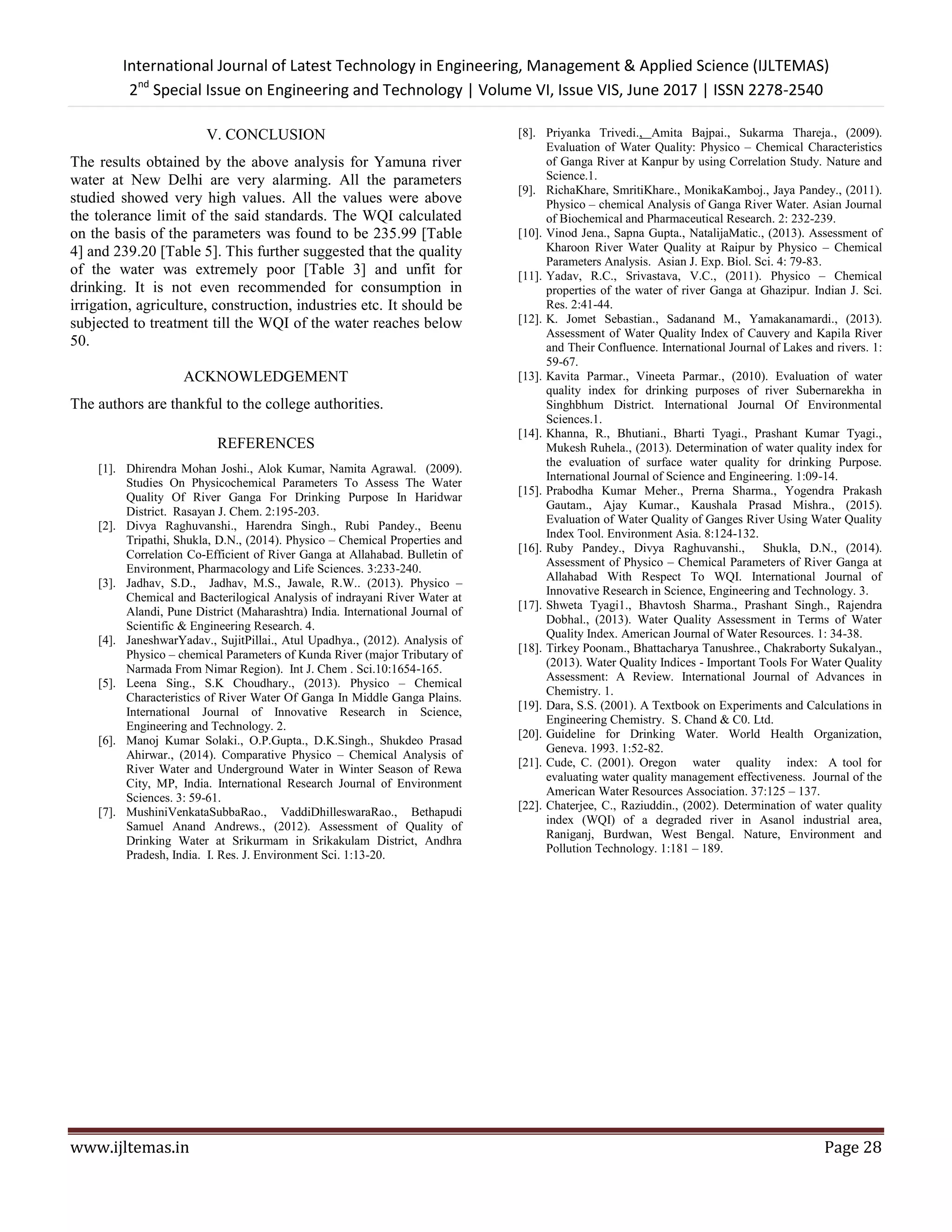 Study of Physico – Chemical Parameters to obtain WQI of Yamuna River ...