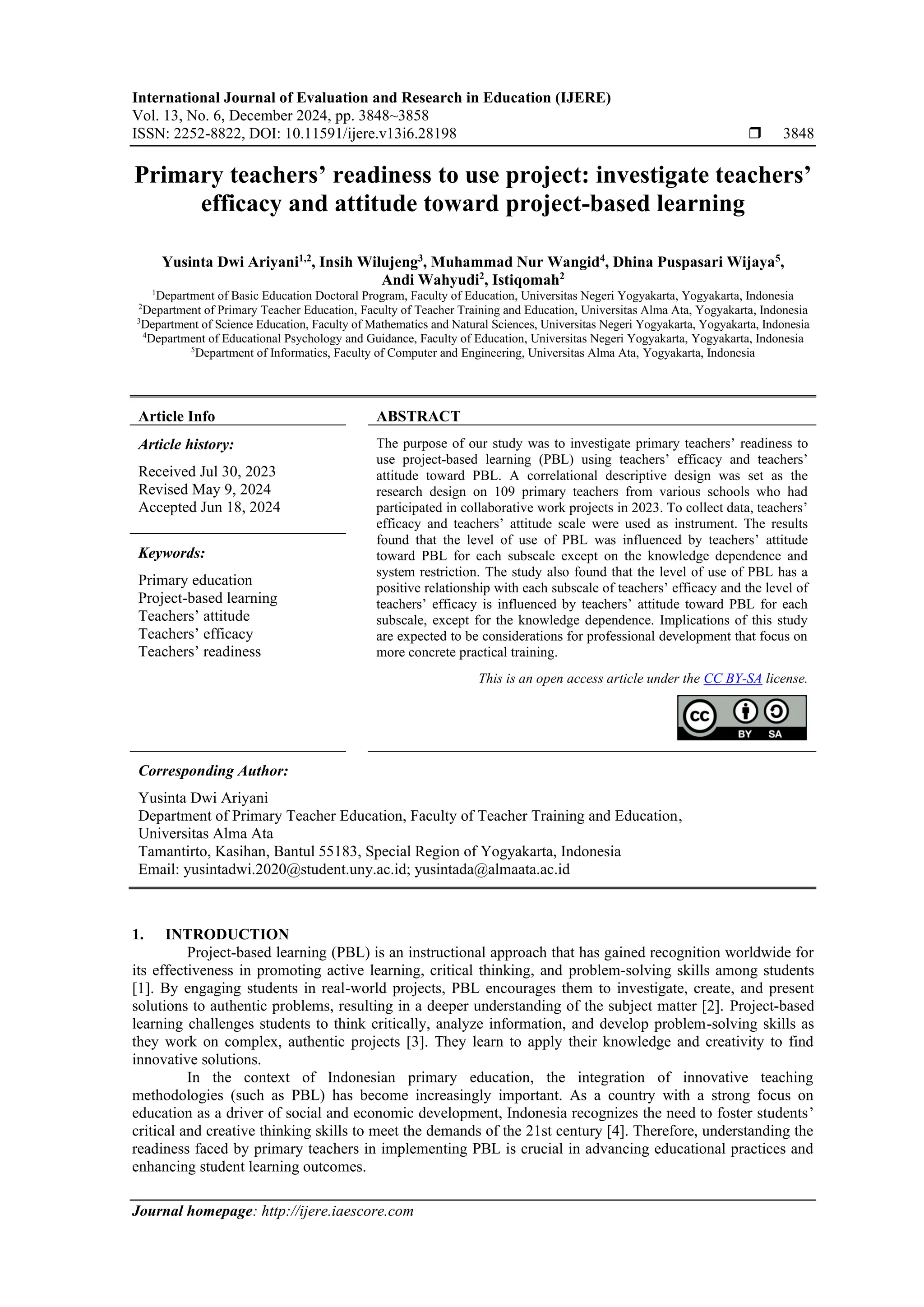 Primary teachers’ readiness to use project: investigate teachers’ efficacy and attitude toward ...