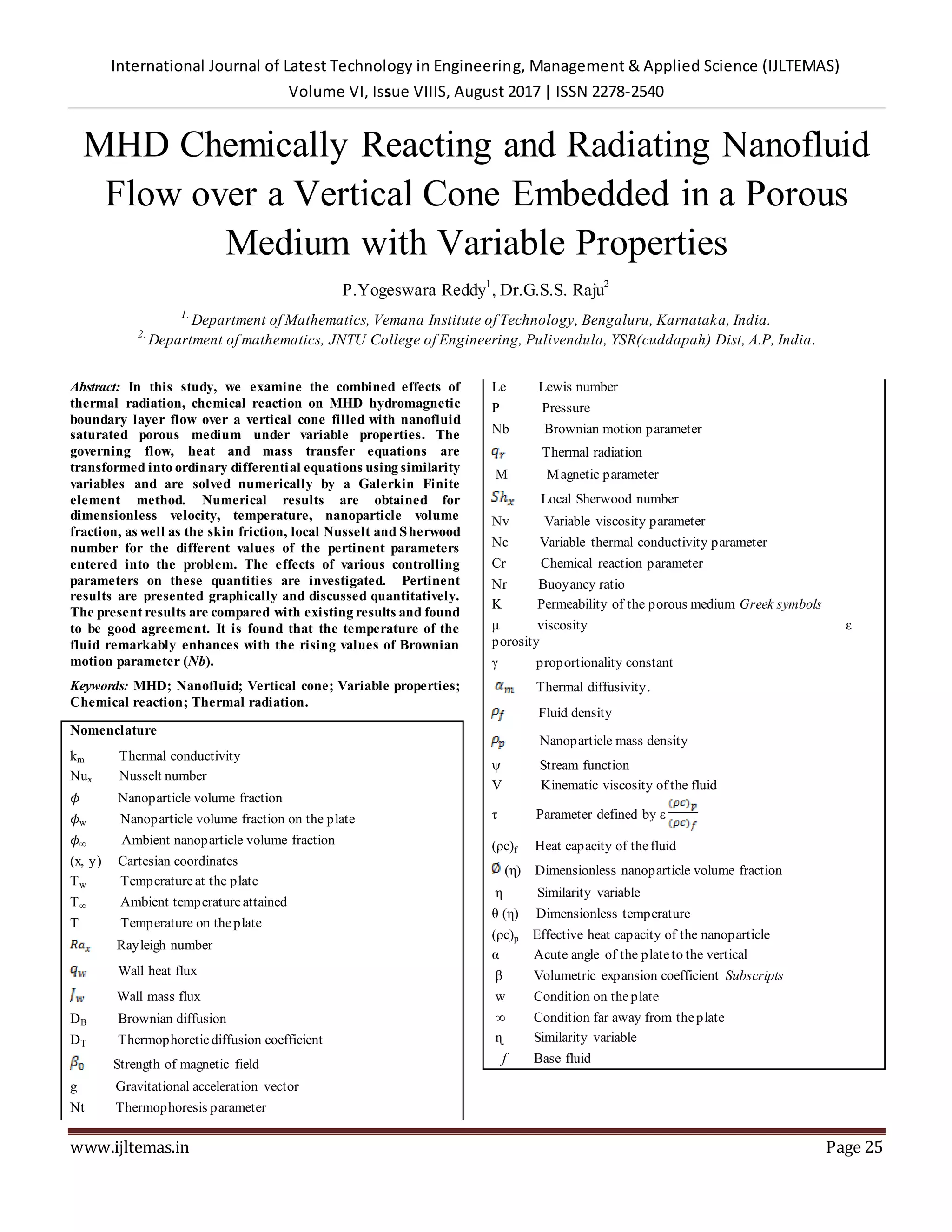 MHD Chemically Reacting and Radiating Nanofluid Flow over a Vertical Cone Embedded in a Porous ...