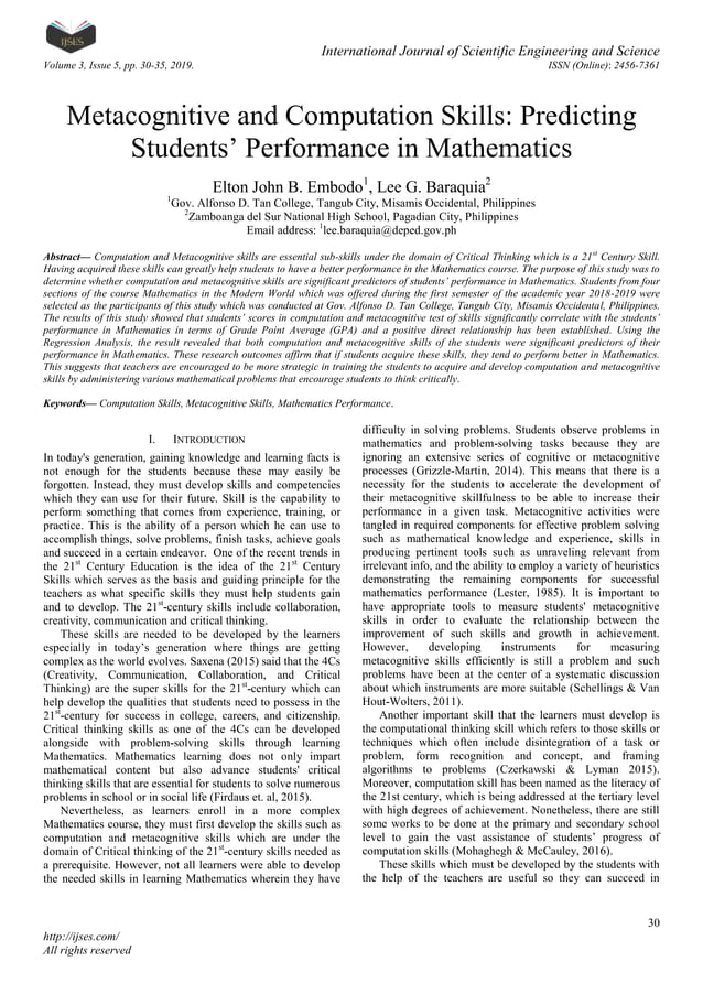 Metacognitive and Computation Skills: Predicting Students' Performance in Mathematics | PDF