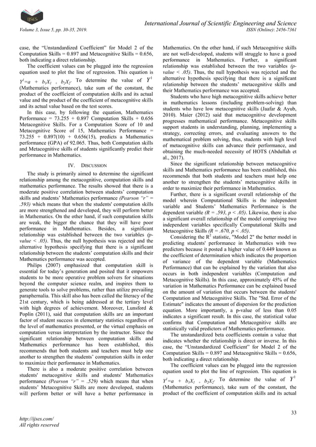 Metacognitive and Computation Skills: Predicting Students' Performance in Mathematics | PDF