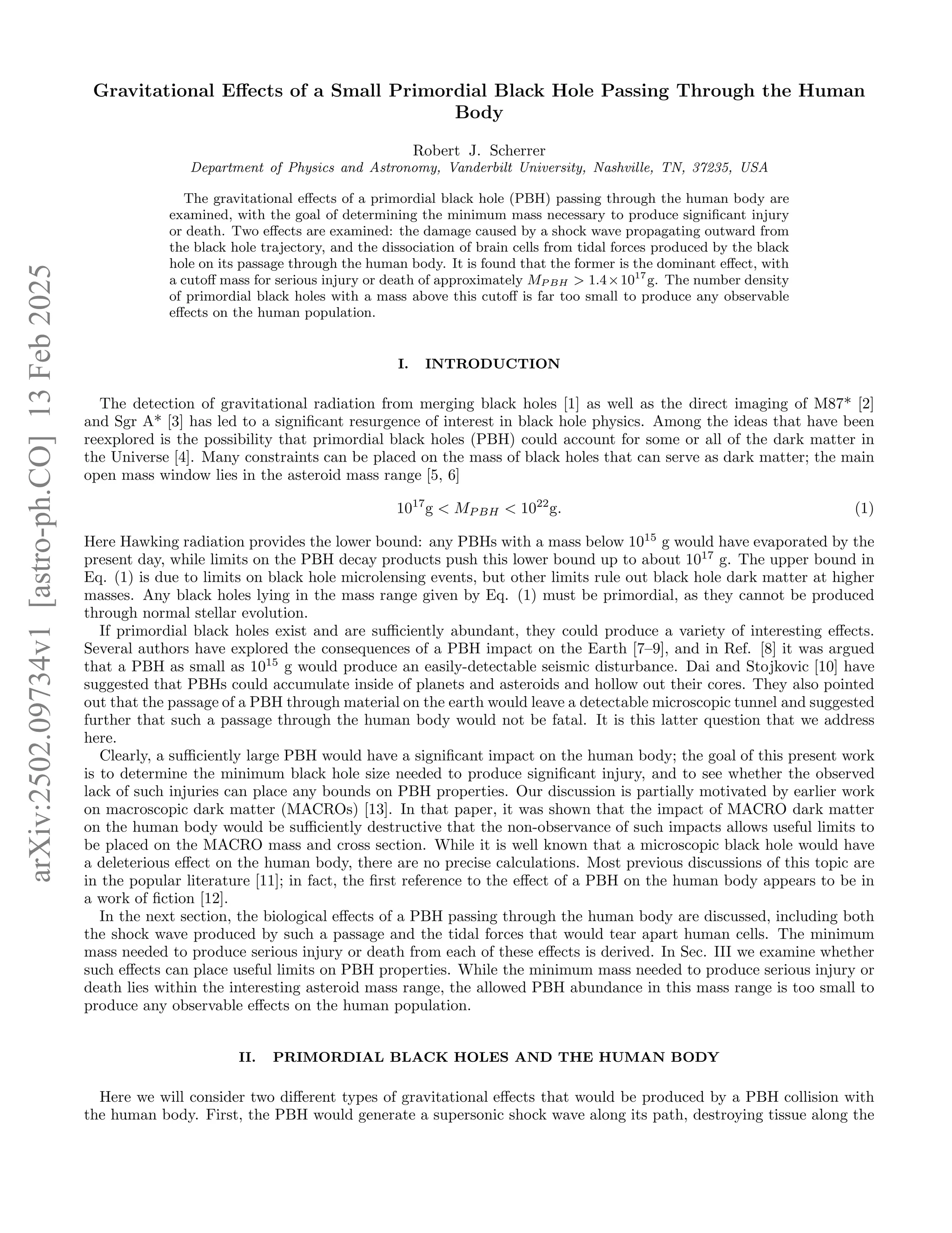 Gravitational Effects of a Small Primordial Black Hole Passing Through the Human Body | PDF