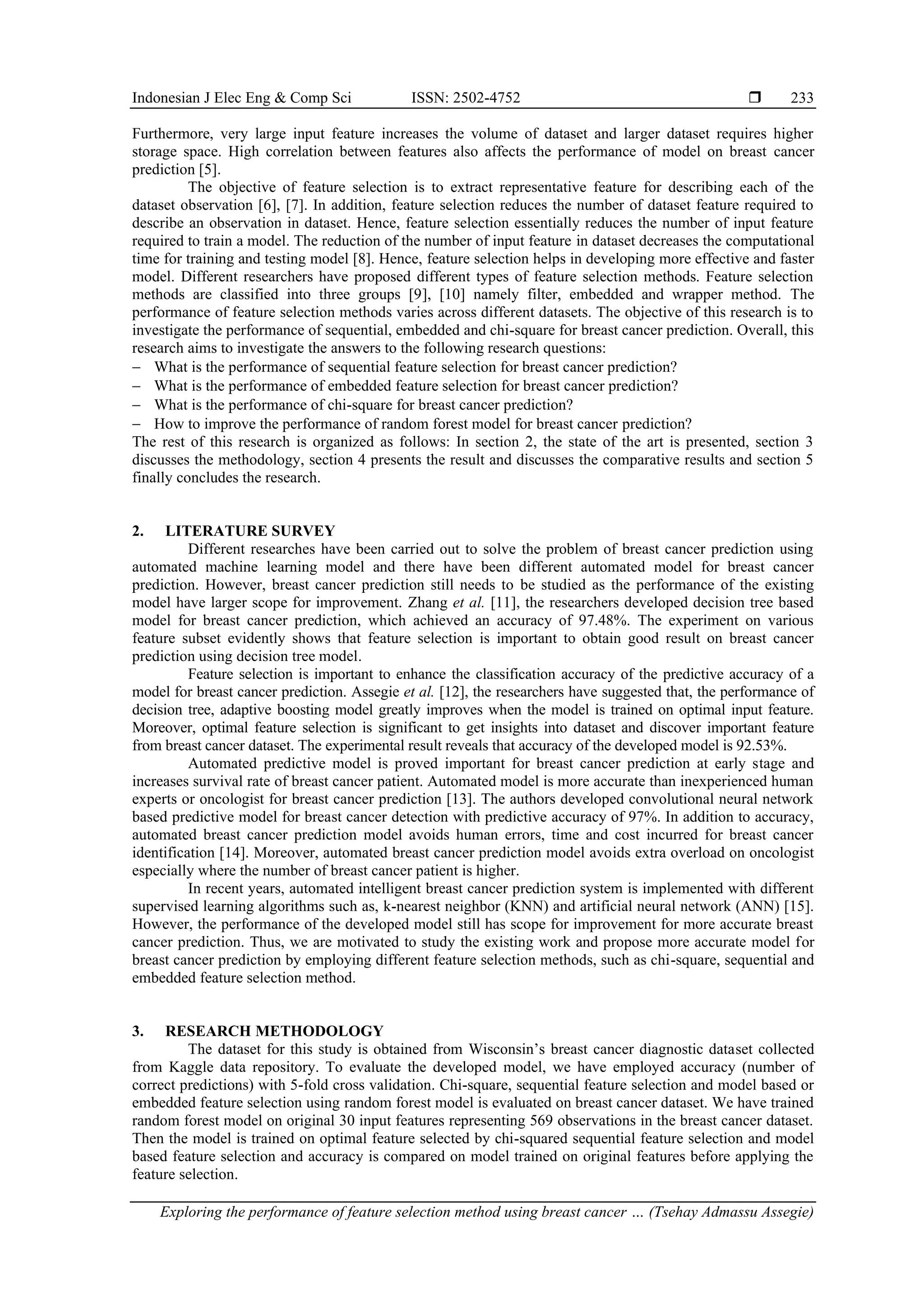 Exploring The Performance Of Feature Selection Method Using Breast