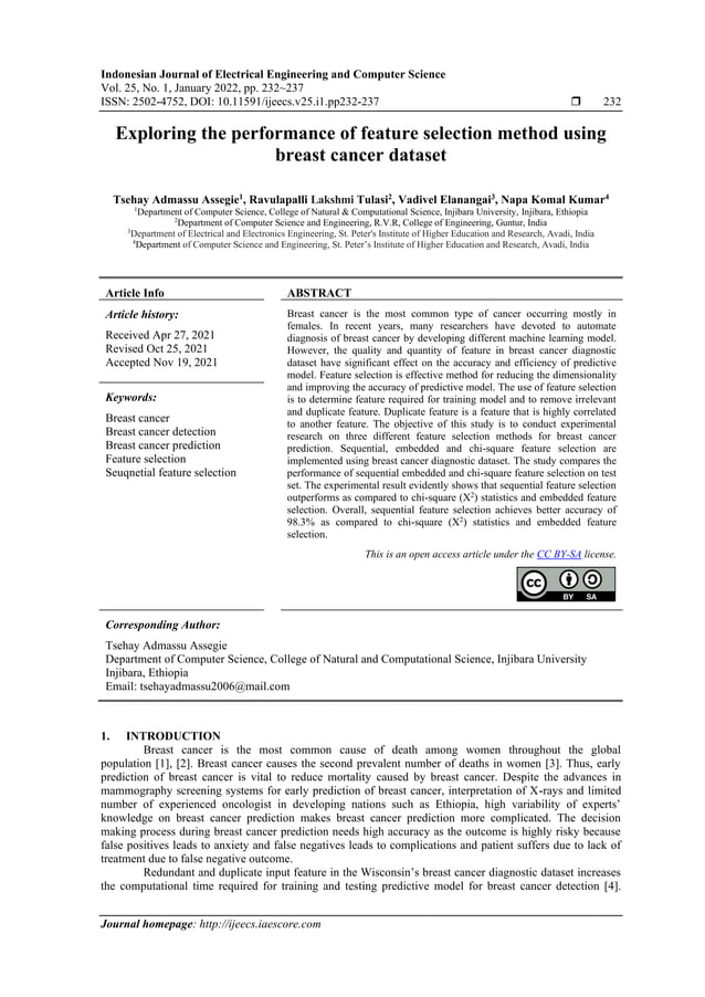 Exploring The Performance Of Feature Selection Method Using Breast Cancer Dataset Pdf