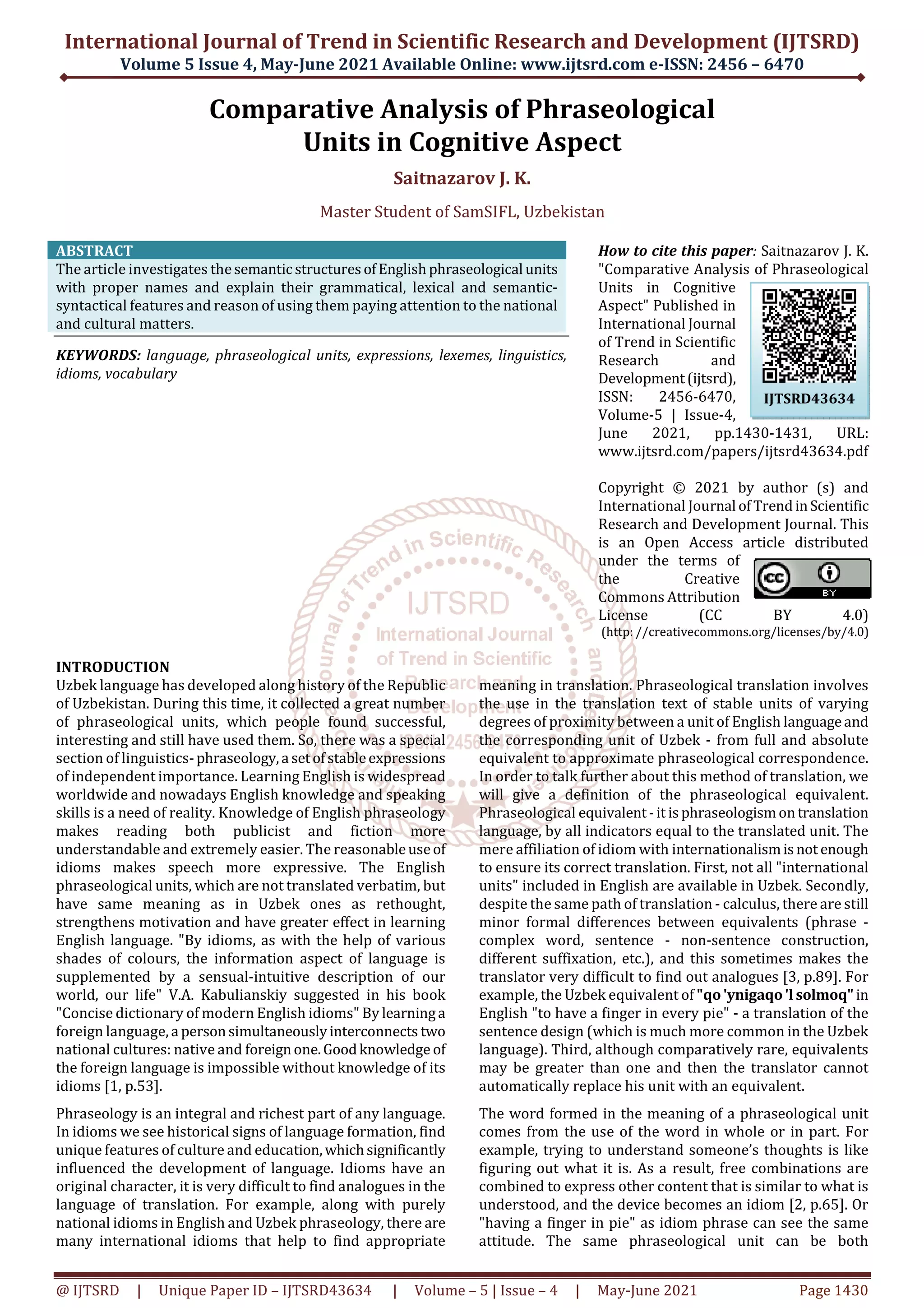 Comparative Analysis of Phraseological Units in Cognitive Aspect | PDF