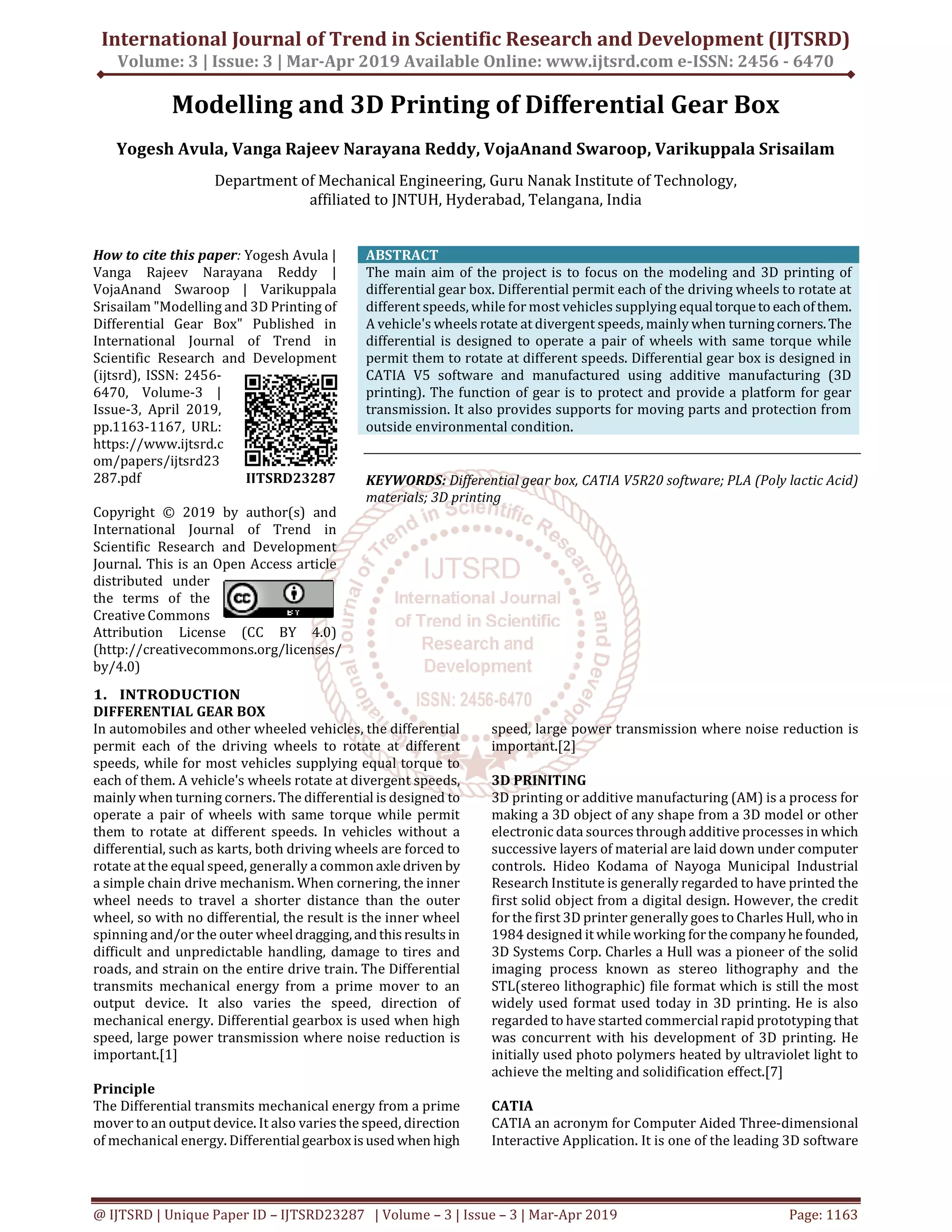Modelling and 3D Printing of Differential Gear Box | PDF