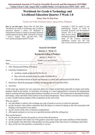 Workbook for Grade 6 Technology and Livelihood Education Quarter 3 Week ...
