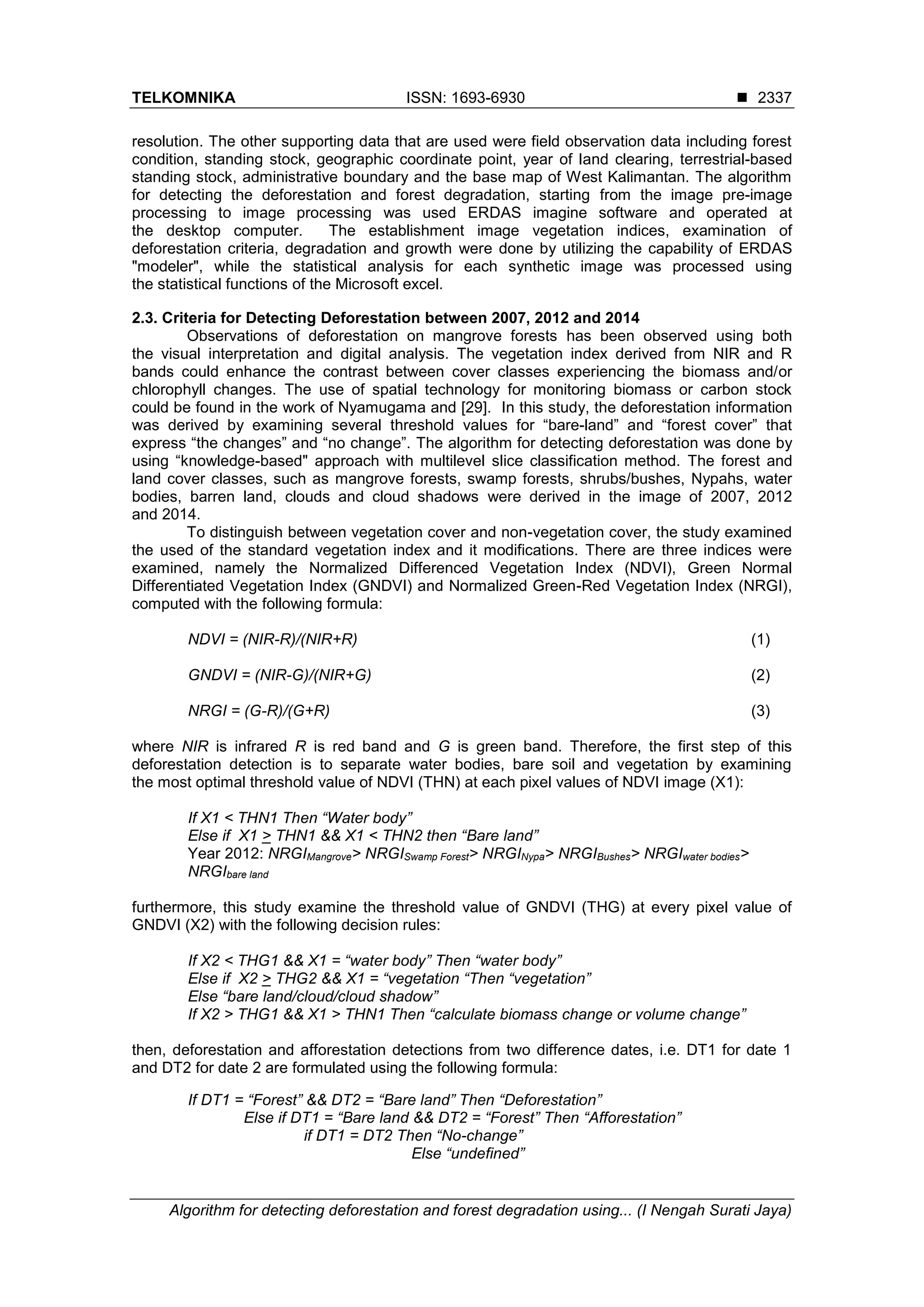 Algorithm For Detecting Deforestation And Forest Degradation Using
