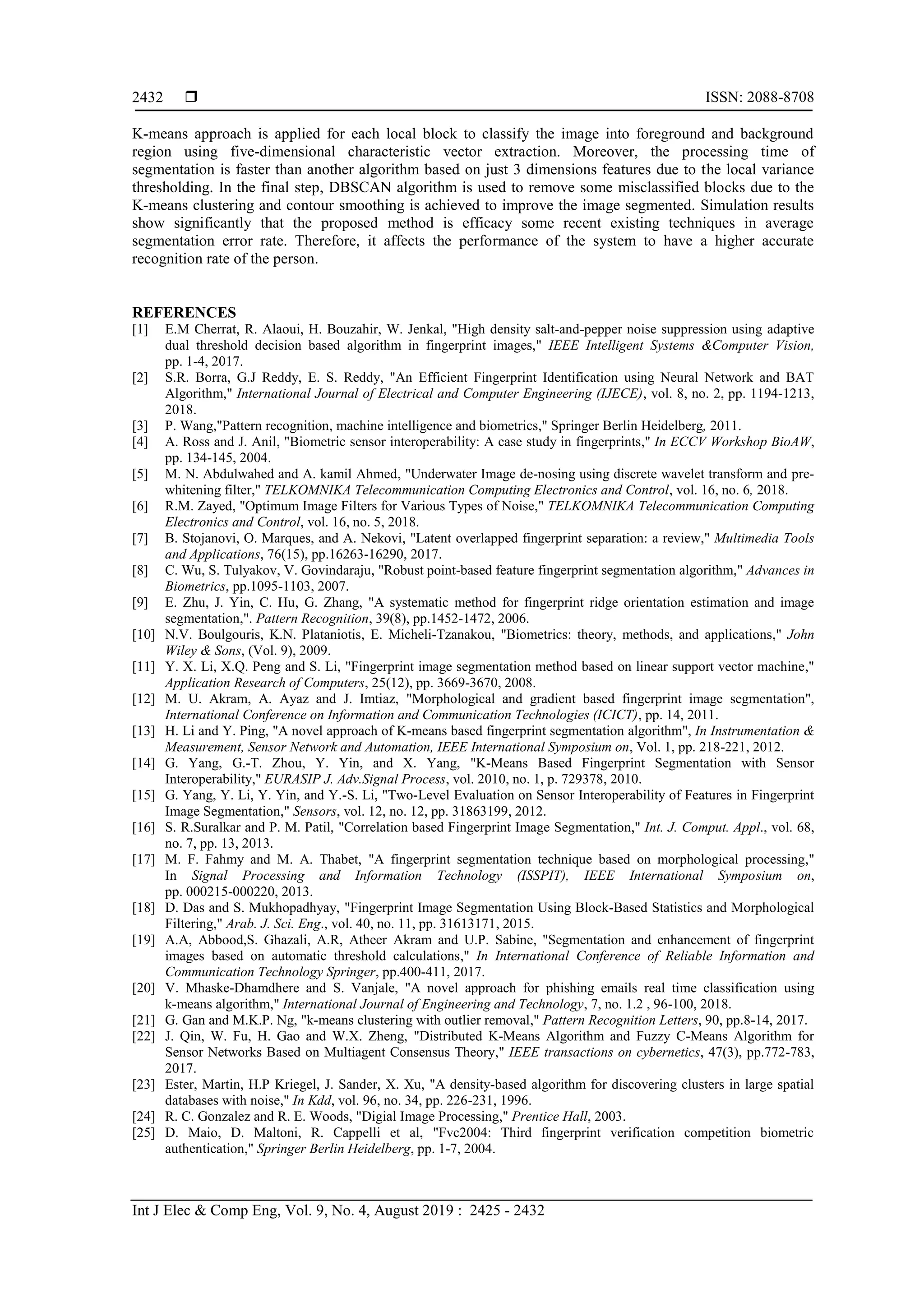 Improving Of Fingerprint Segmentation Images Based On K Means And Dbscan Clustering Pdf